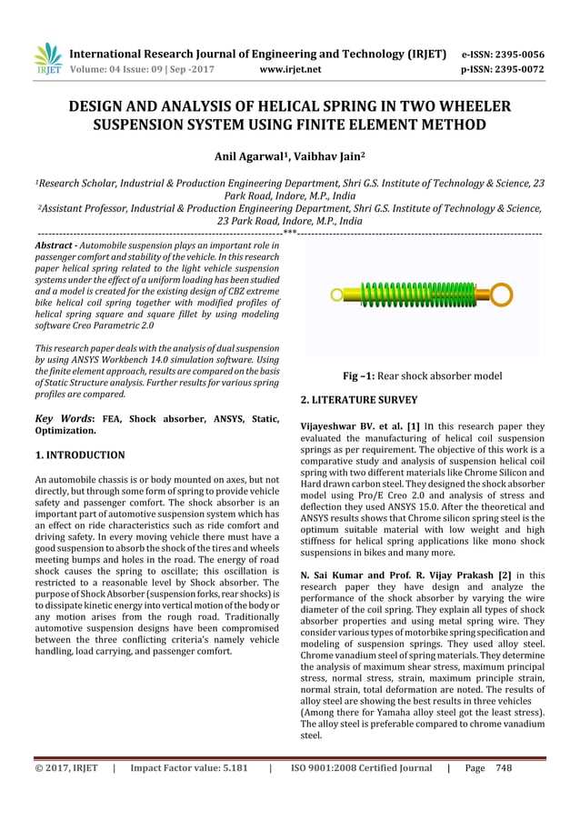 Design and Analysis of Helical Spring in Two Wheeler Suspension System using Finite Element ...