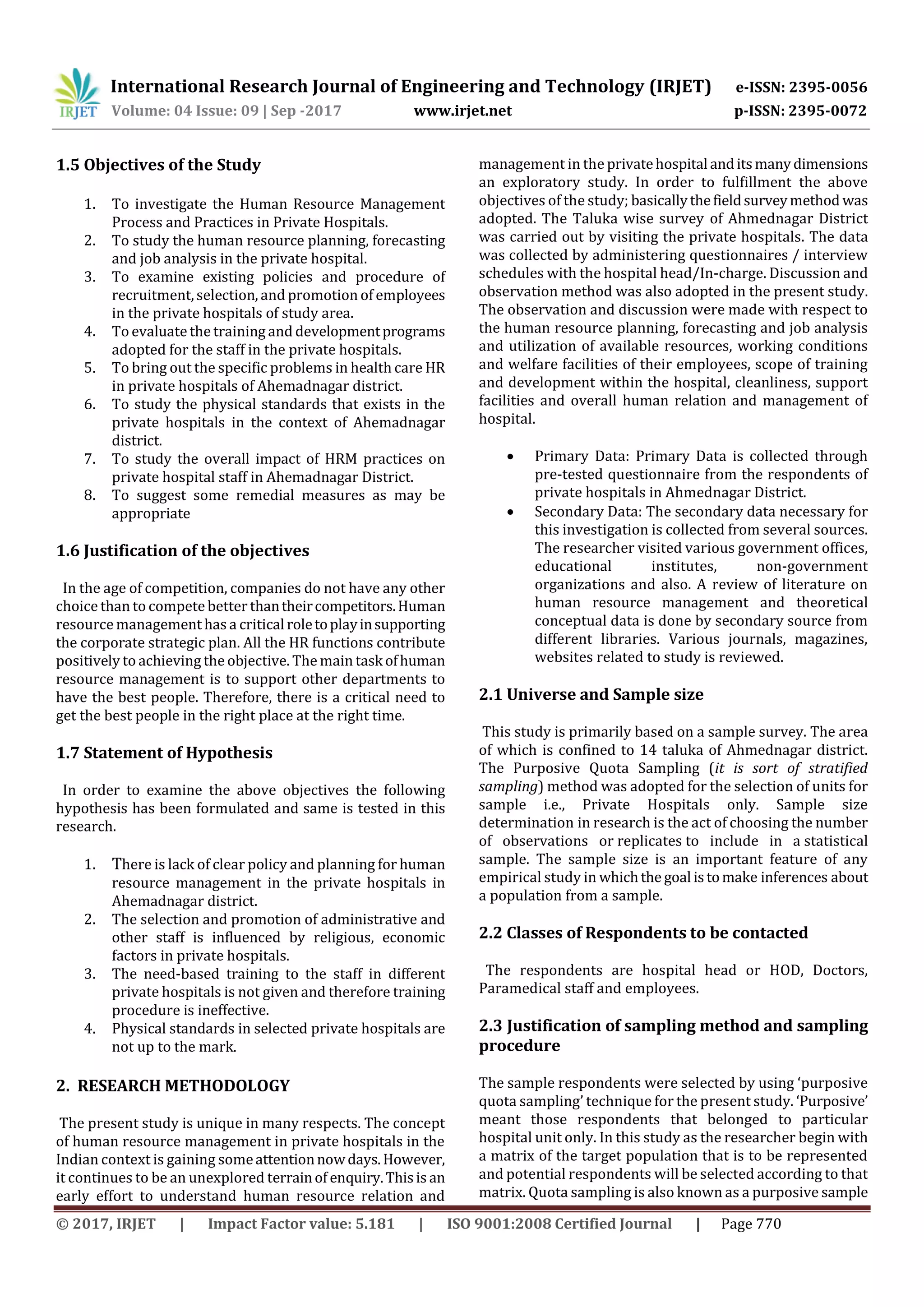 An Analytical Study on Human Resource Management Practices in Private Hospitals | PDF