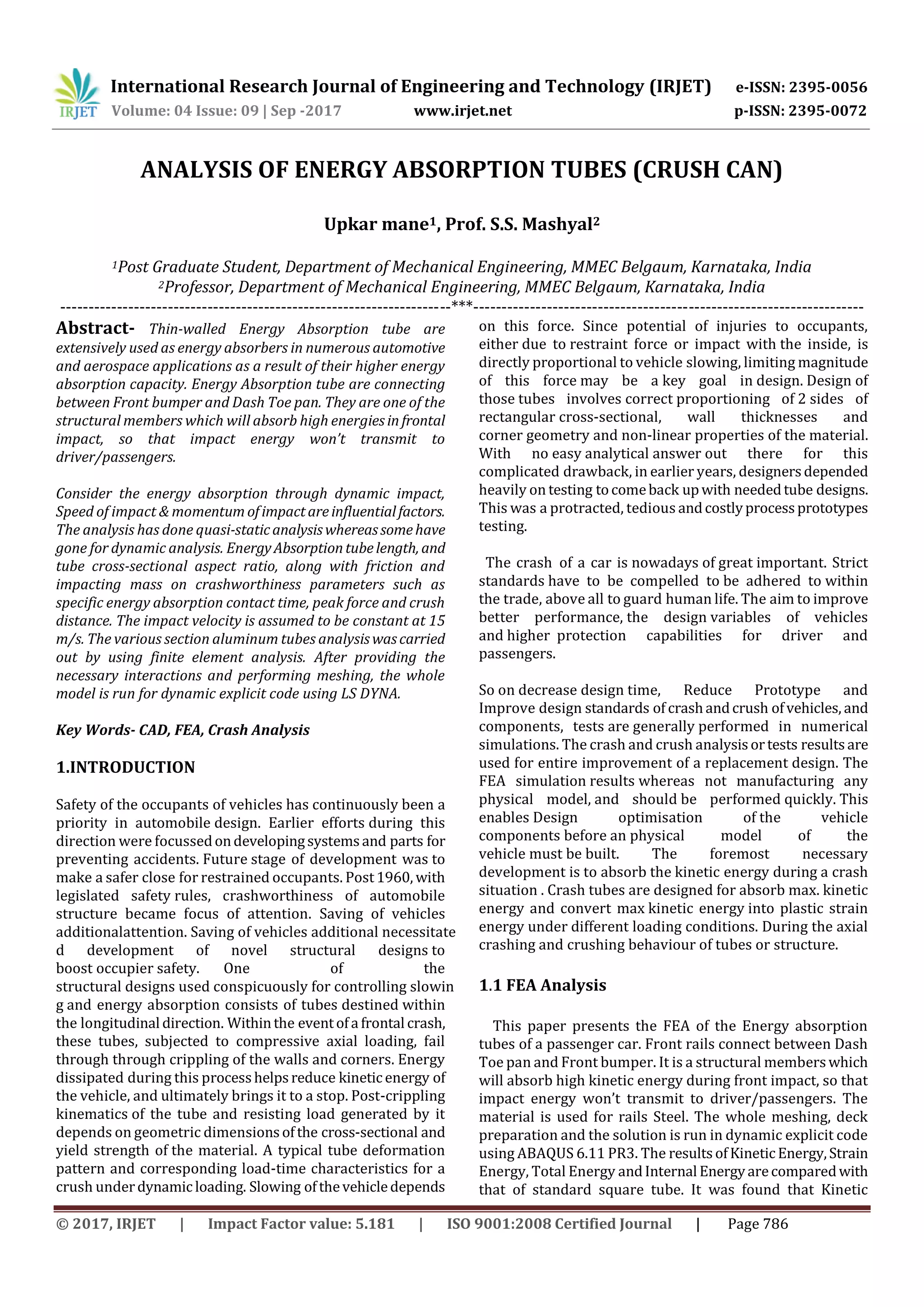 Analysis of Energy Absorption Tubes (Crush Can) | PDF