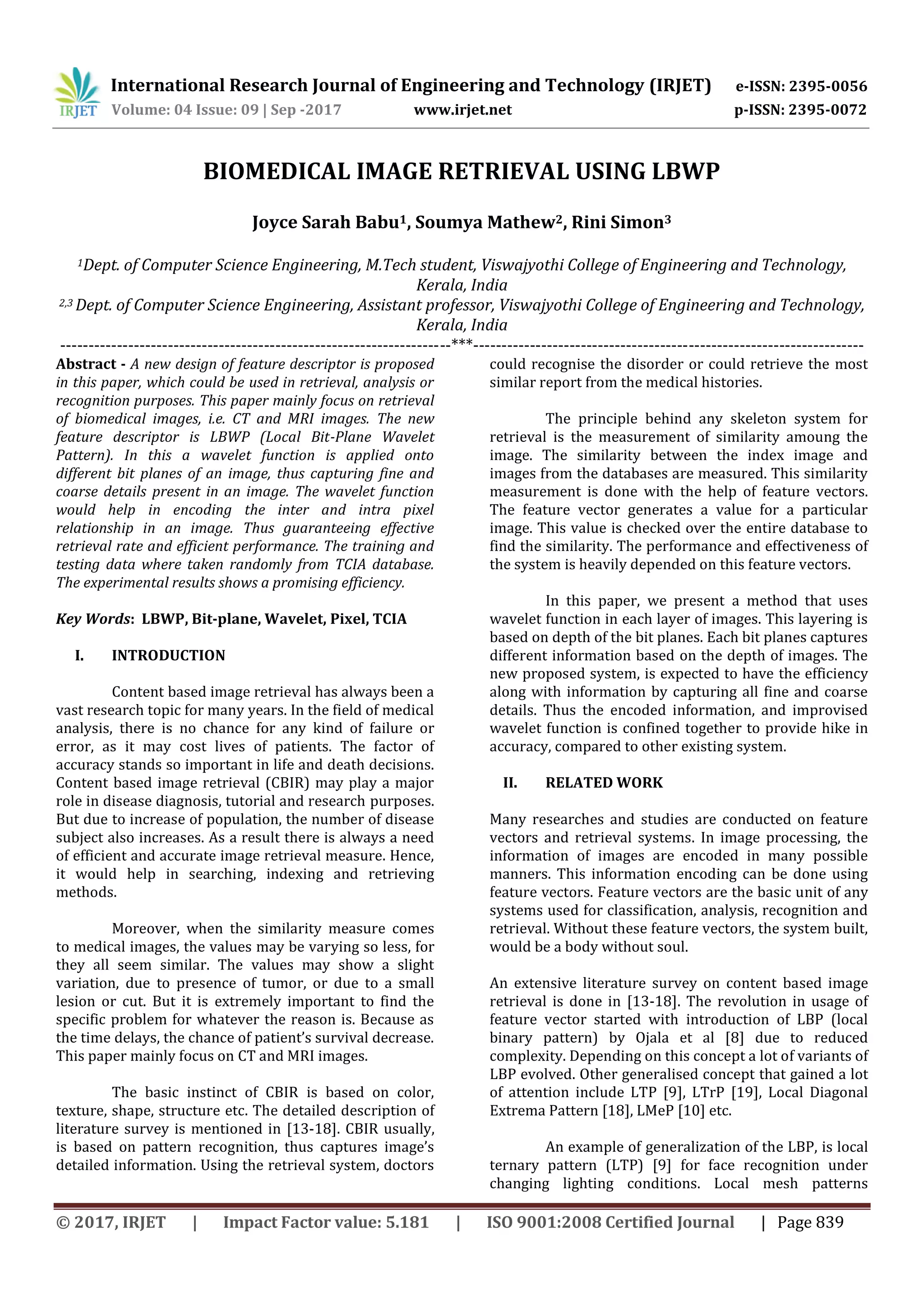 Biomedical Image Retrieval using LBWP | PDF