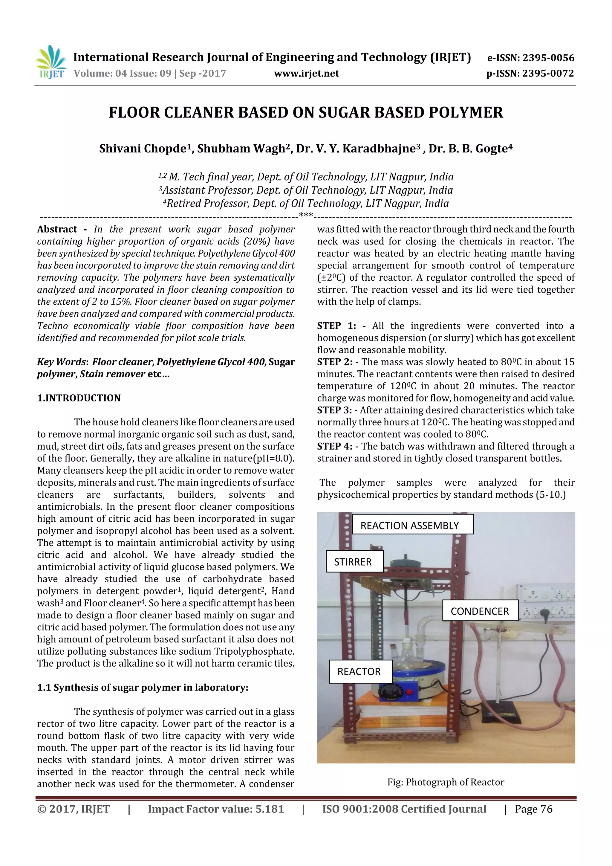 Floor Cleaner Based on Sugar Based Polymer | PDF