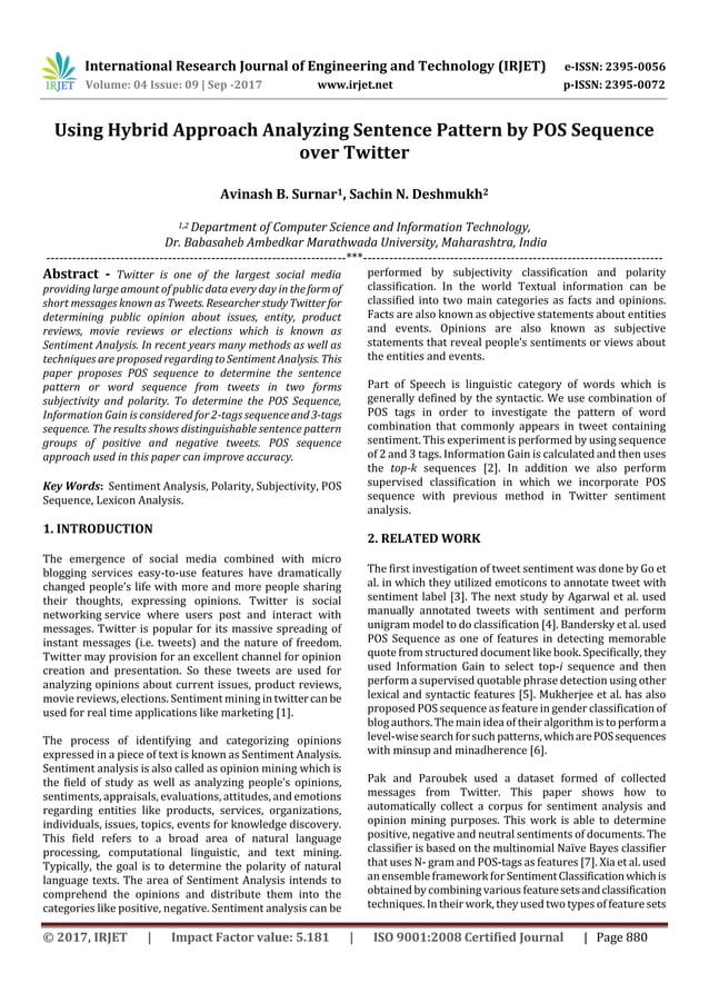 Using Hybrid Approach Analyzing Sentence Pattern by POS Sequence over Twitter | PDF