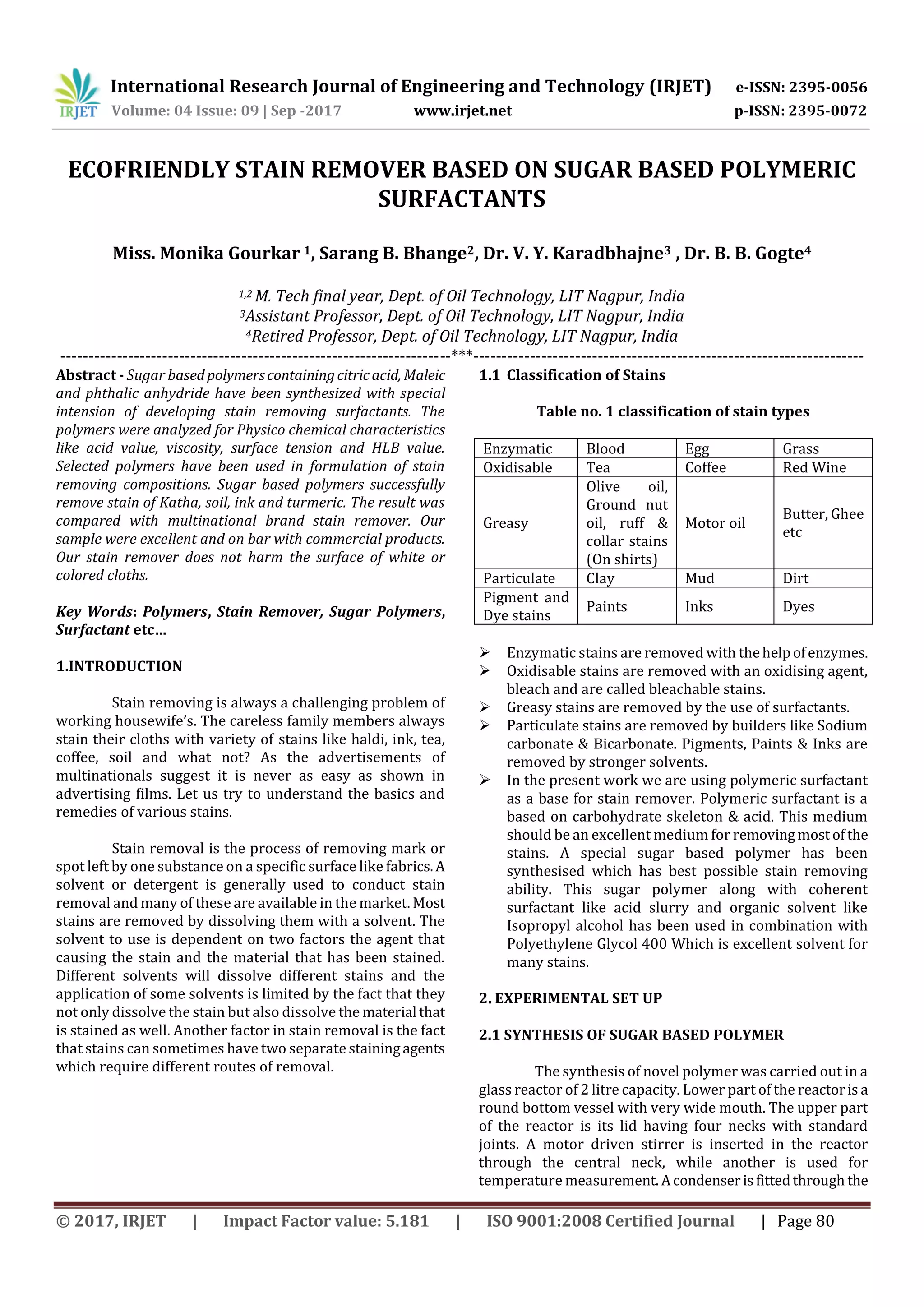 Ecofriendly Stain Remover Based on Sugar Based Polymeric Surfactants | PDF