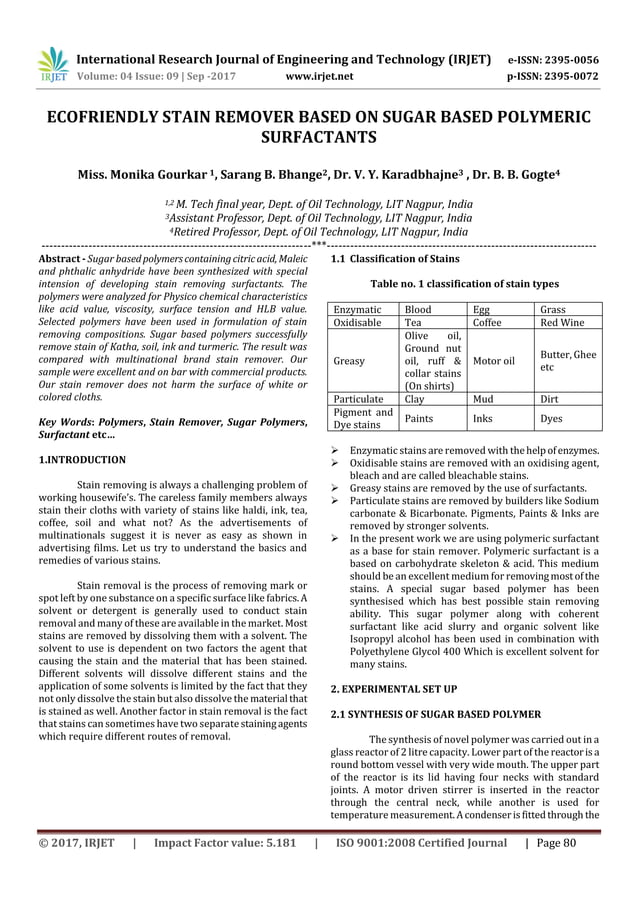 Ecofriendly Stain Remover Based on Sugar Based Polymeric Surfactants | PDF