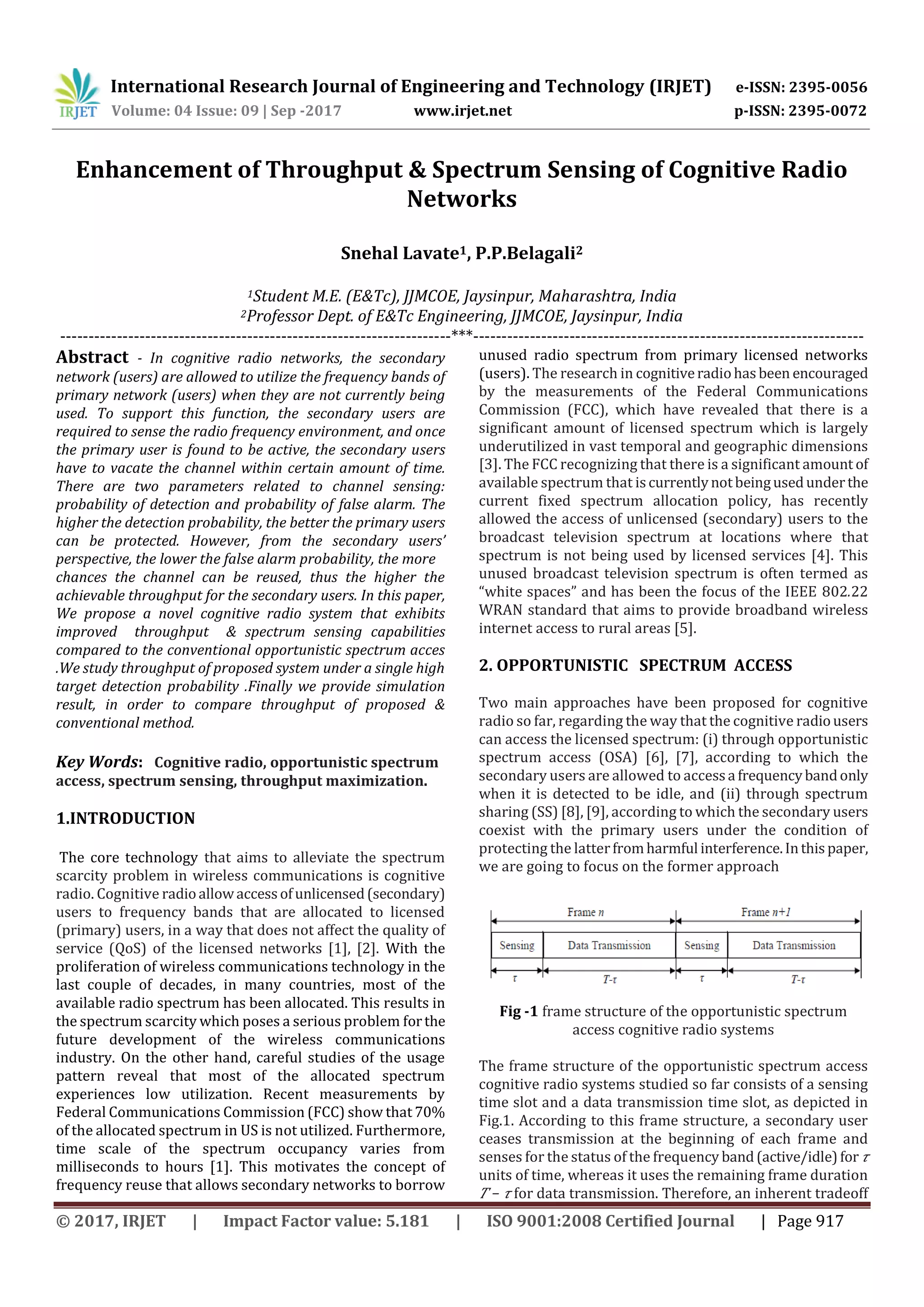 Enhancement of Throughput & Spectrum Sensing of Cognitive Radio Networks | PDF