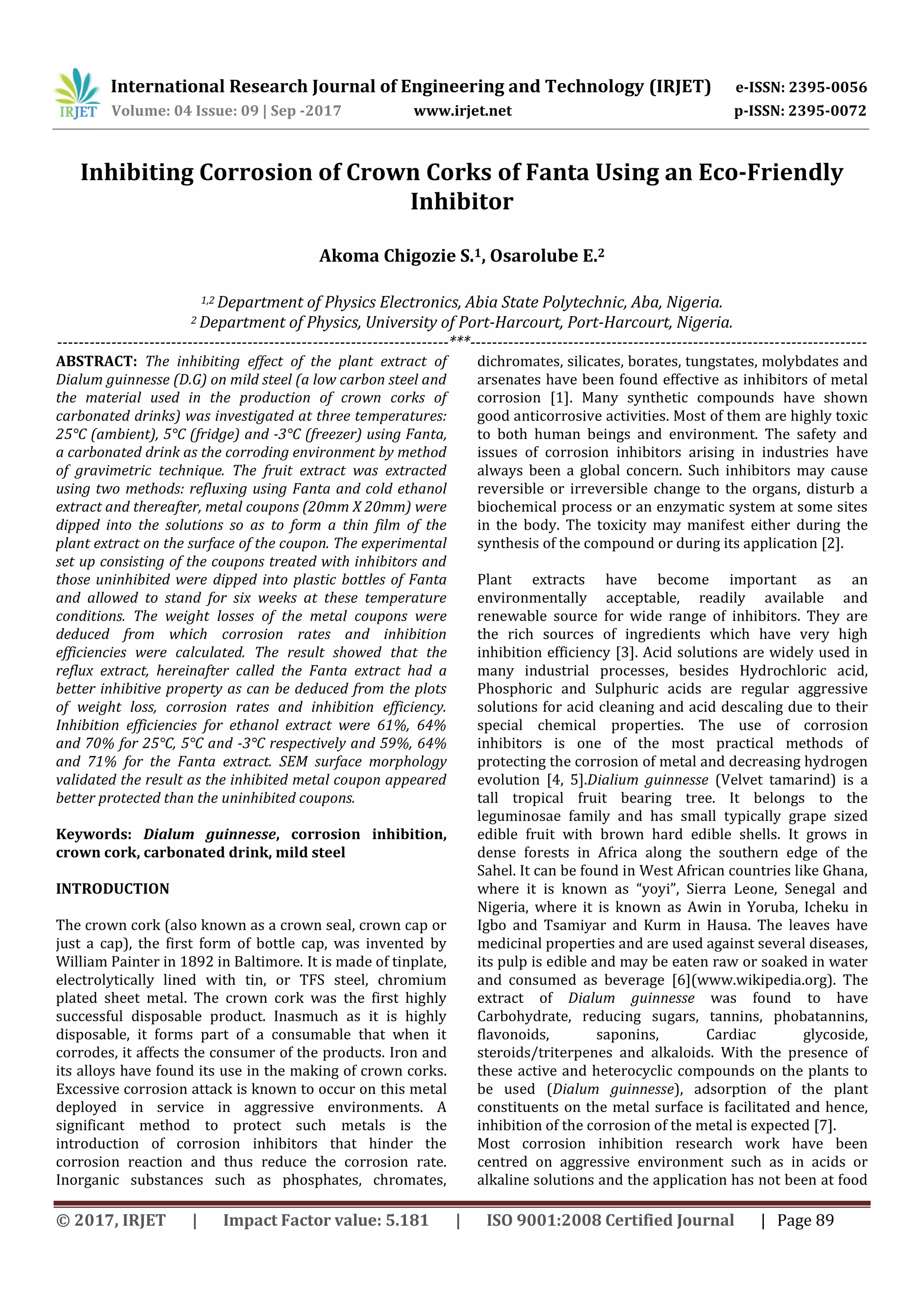 Inhibiting Corrosion of Crown Corks of Fanta using an Eco-Friendly ...