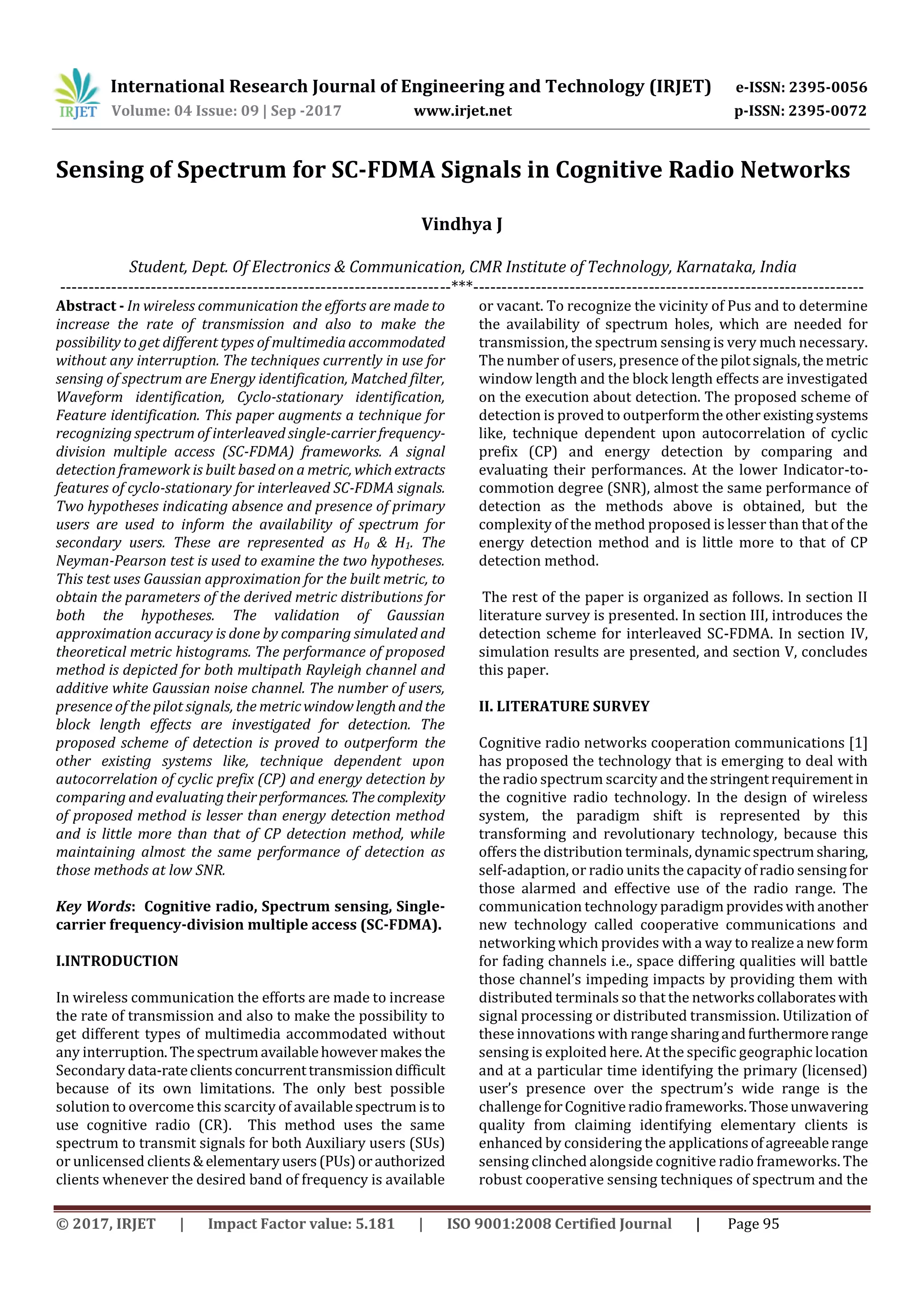 Sensing of Spectrum for SC-FDMA Signals in Cognitive Radio Networks | PDF