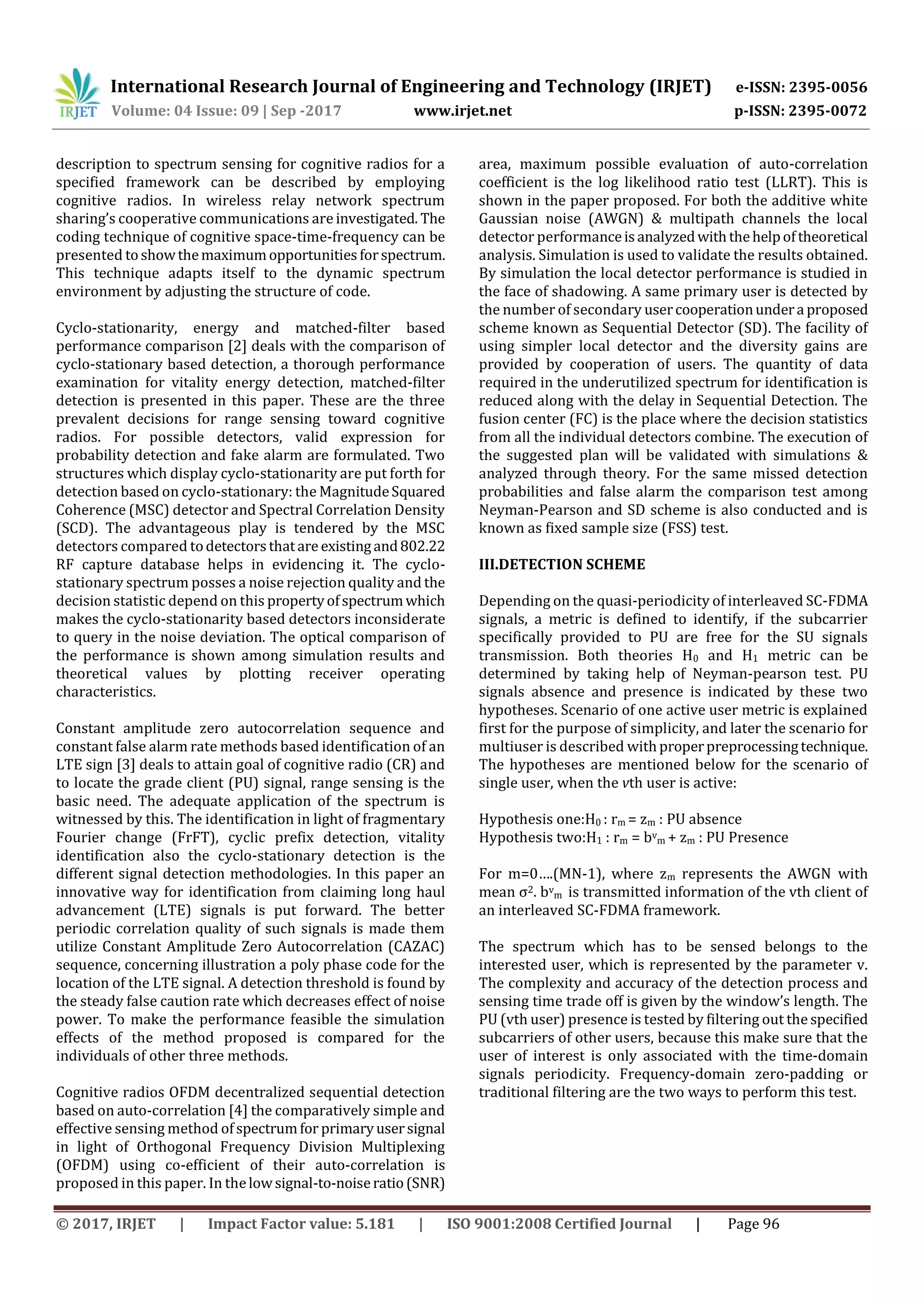 Sensing of Spectrum for SC-FDMA Signals in Cognitive Radio Networks | PDF