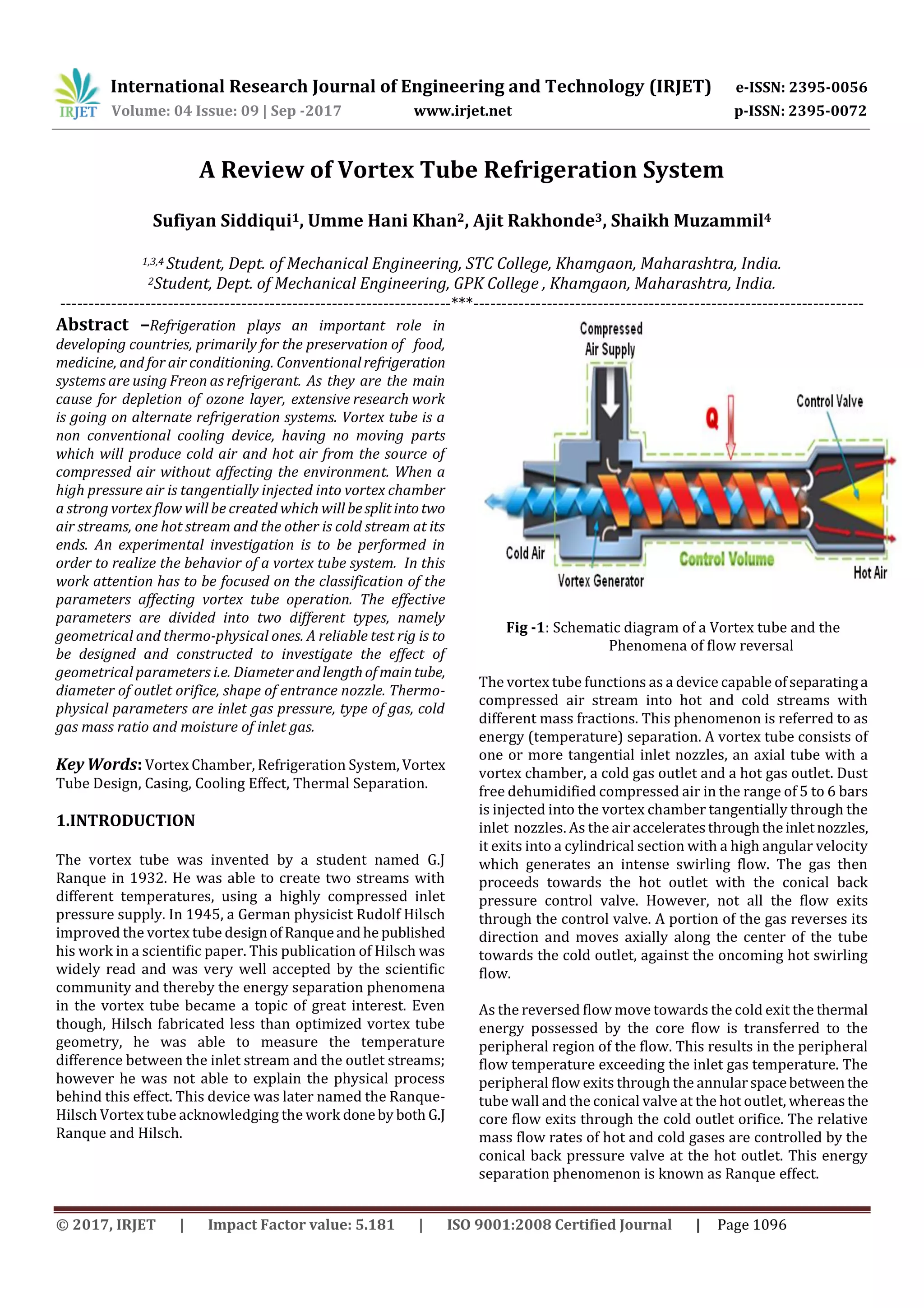 A Review of Vortex Tube Refrigeration System | PDF