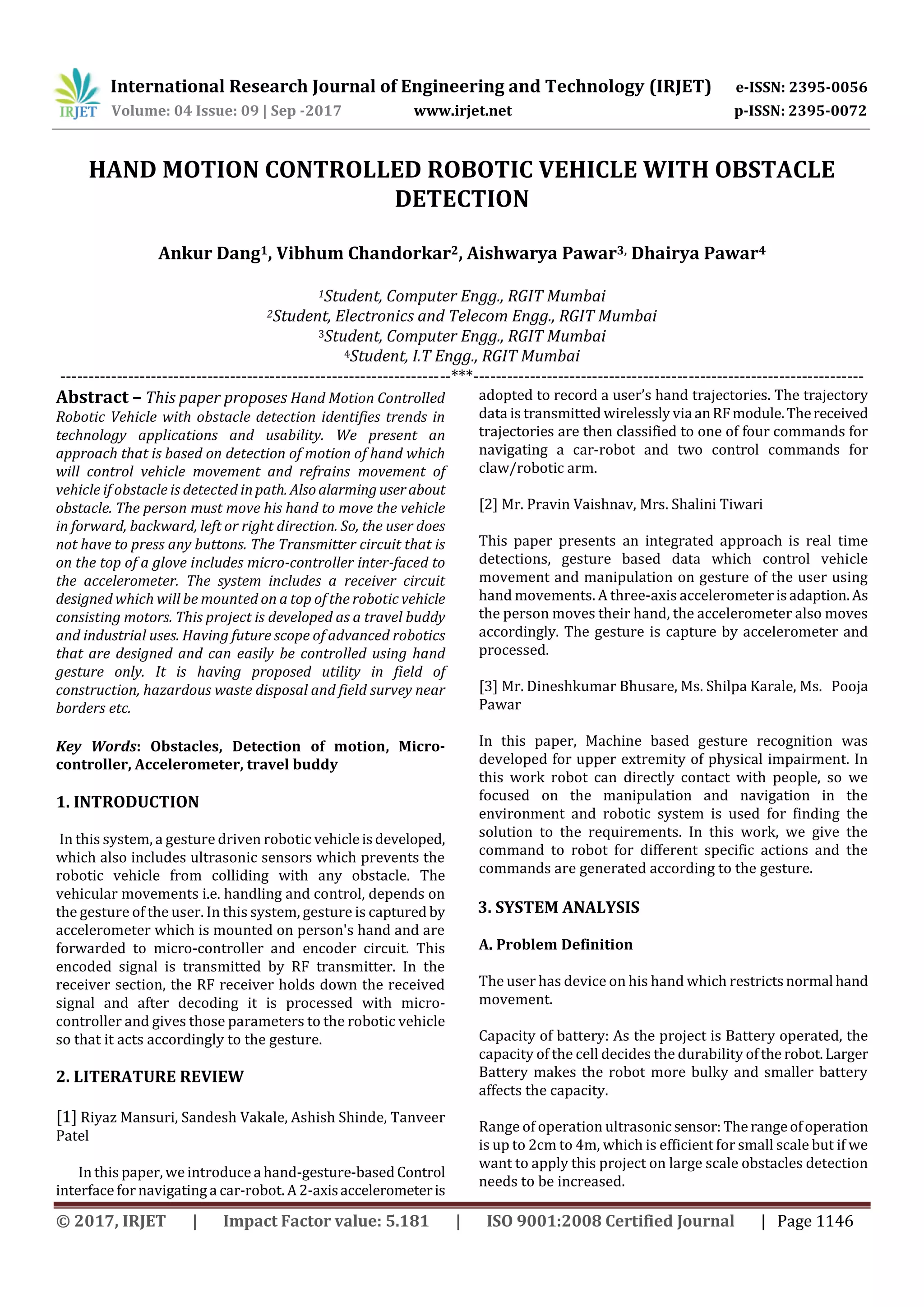 Hand Motion Controlled Robotic Vehicle with Obstacle Detection | PDF