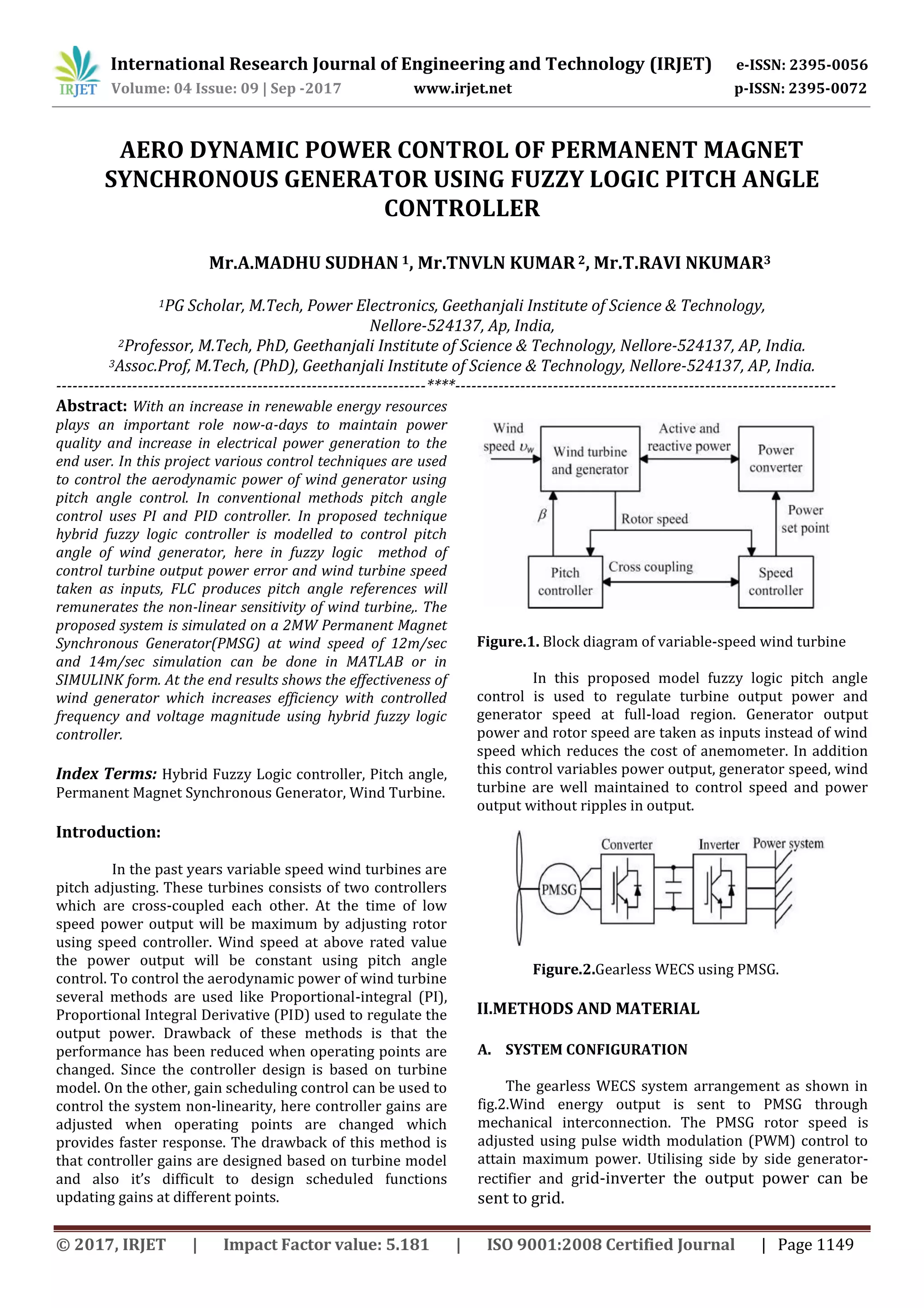 Aero Dynamic Power Control of Permanent Magnet Synchronous Generator using Fuzzy Logic Pitch ...