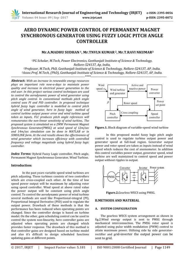 Aero Dynamic Power Control of Permanent Magnet Synchronous Generator using Fuzzy Logic Pitch ...