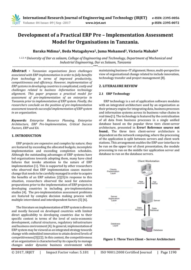 Development of a Practical ERP Pre – Implementation Assessment Model for Organisations in ...