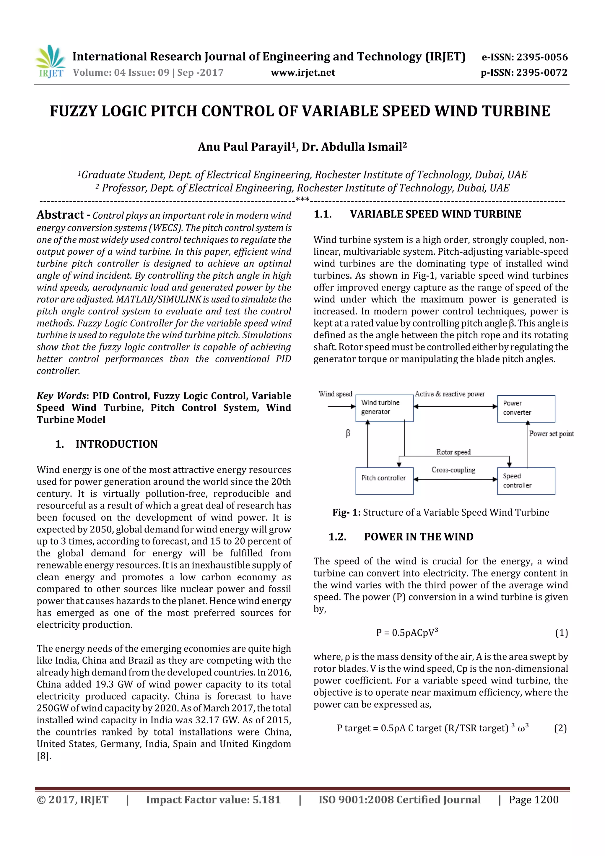 Fuzzy Logic Pitch Control of Variable Speed Wind Turbine | PDF