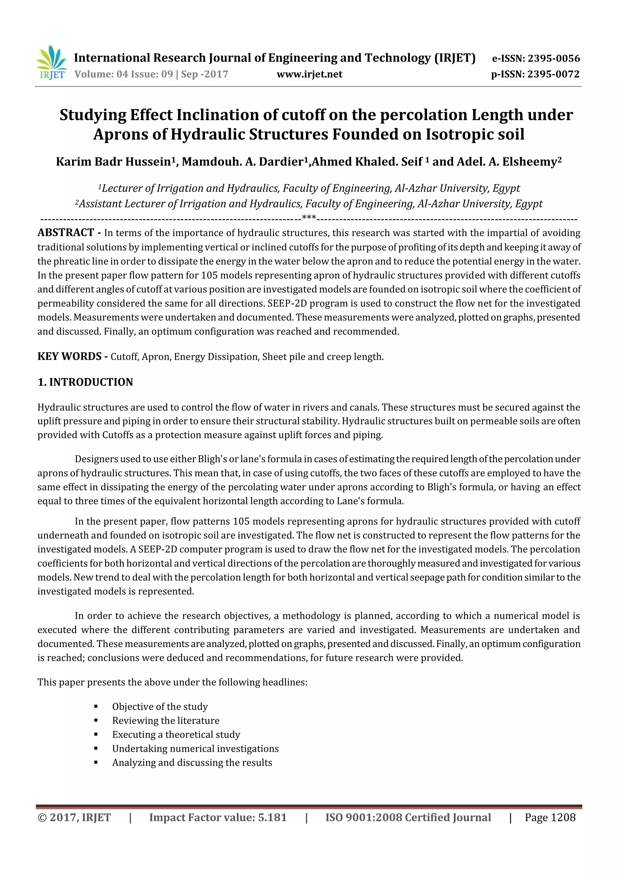 Studying Effect Inclination of cutoff on the percolation Length under Aprons of Hydraulic ...