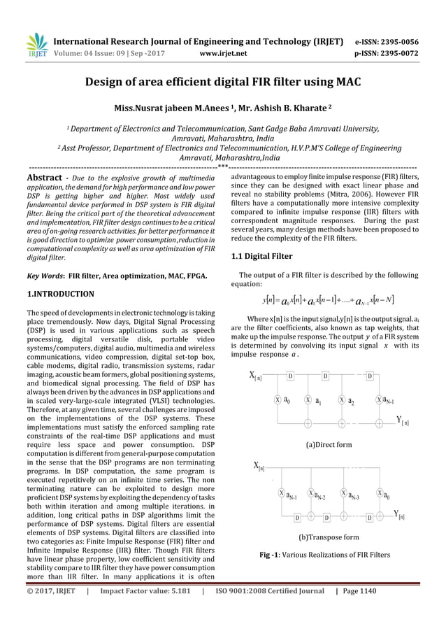 Design of Area Efficient Digital FIR Filter using MAC | PDF