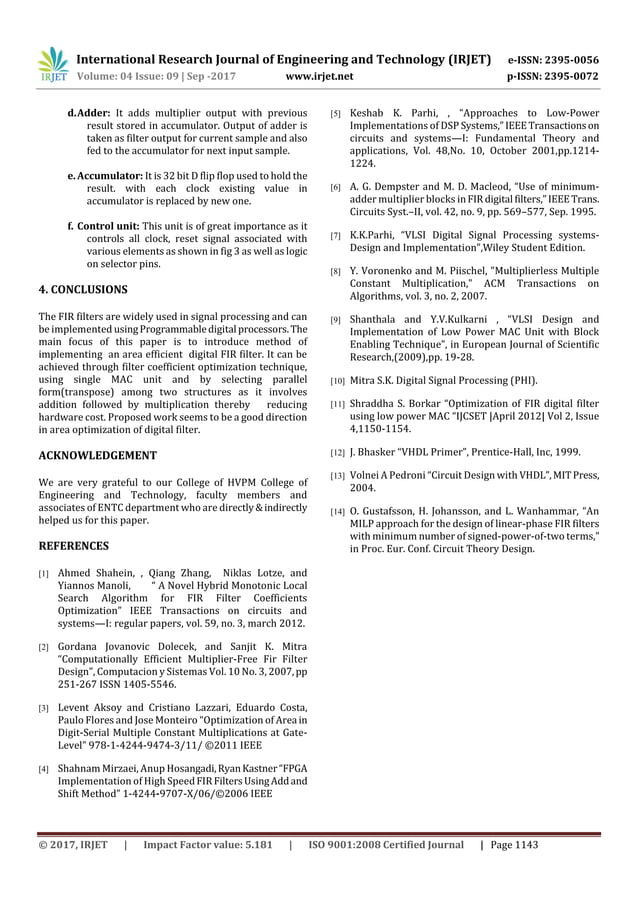 Design of Area Efficient Digital FIR Filter using MAC | PDF