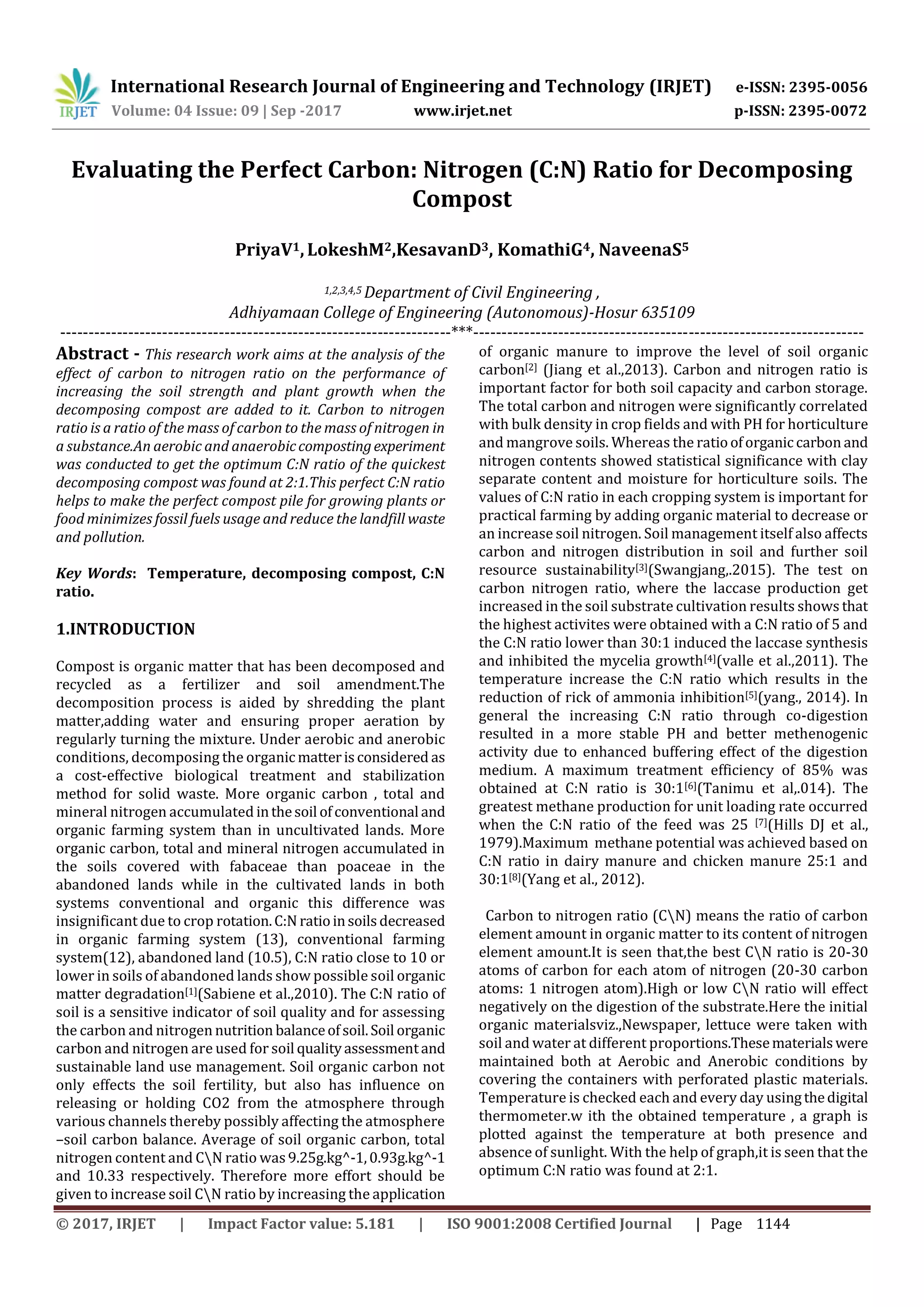 Evaluating the Perfect Carbon: Nitrogen (C:N) Ratio for Decomposing Compost | PDF