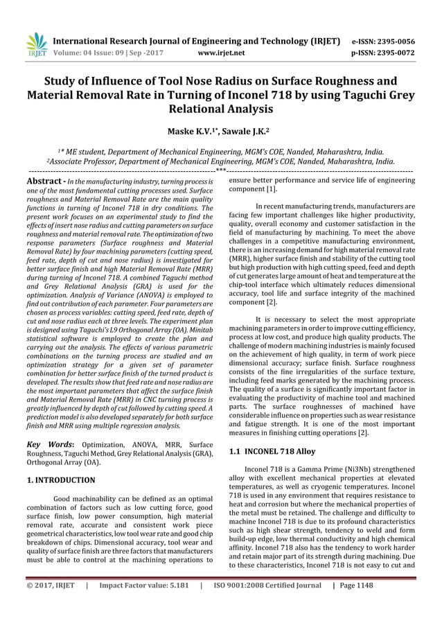 Study of Influence of Tool Nose Radius on Surface Roughness and Material Removal Rate in Turning ...