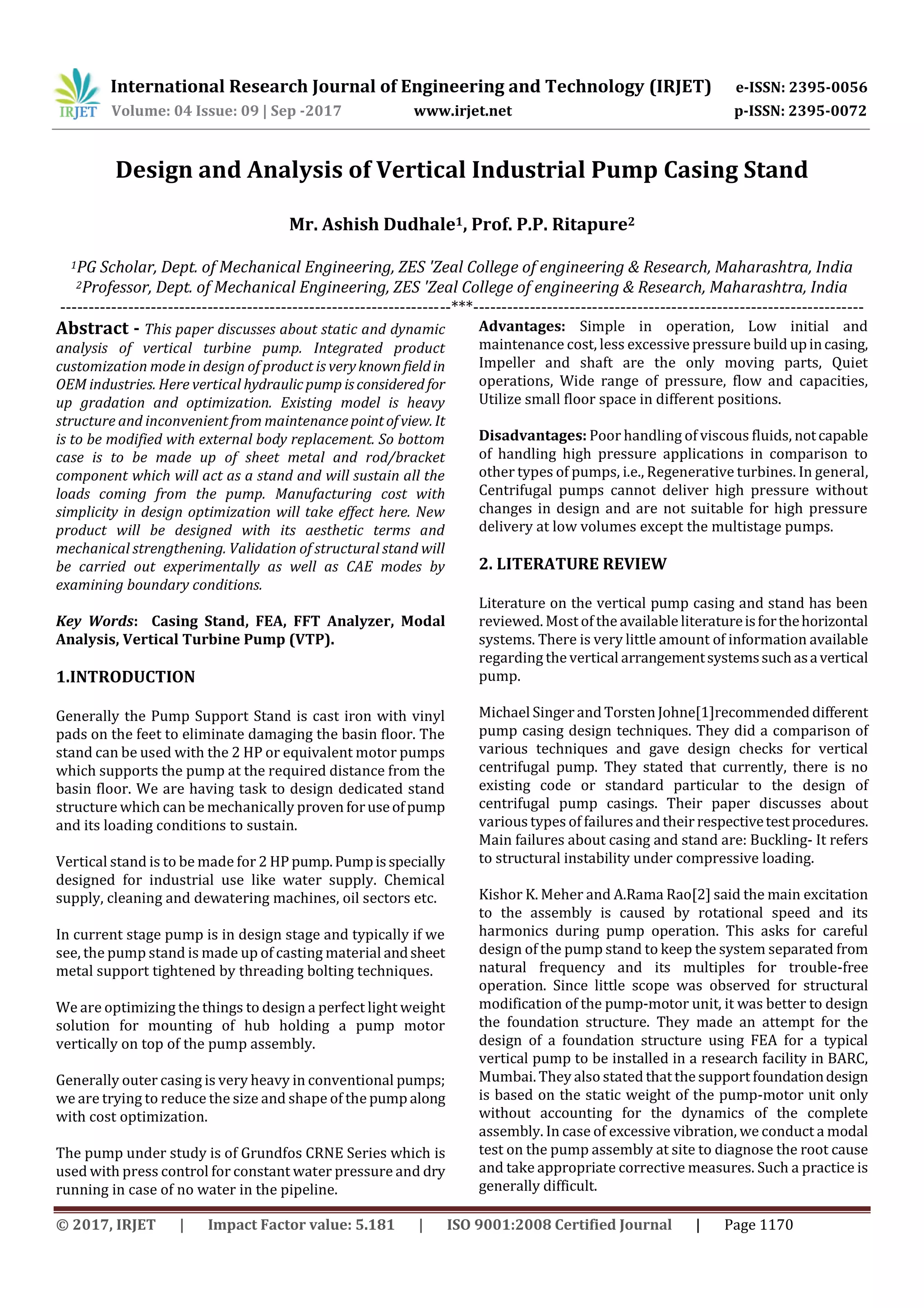 Design and Analysis of Vertical Industrial Pump Casing Stand | PDF