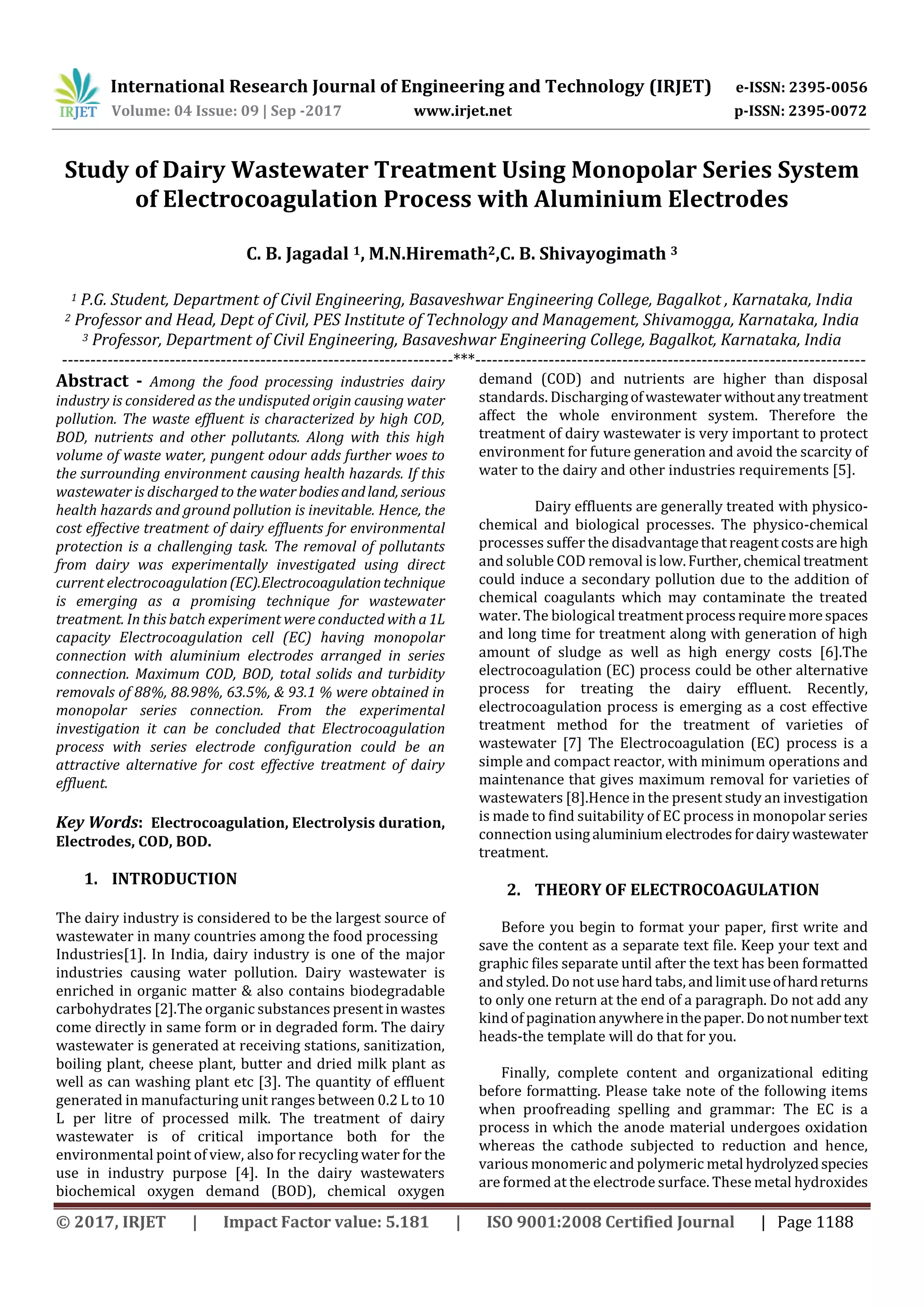 Study of Dairy Wastewater Treatment using Monopolar Series System of Electrocoagulation Process ...