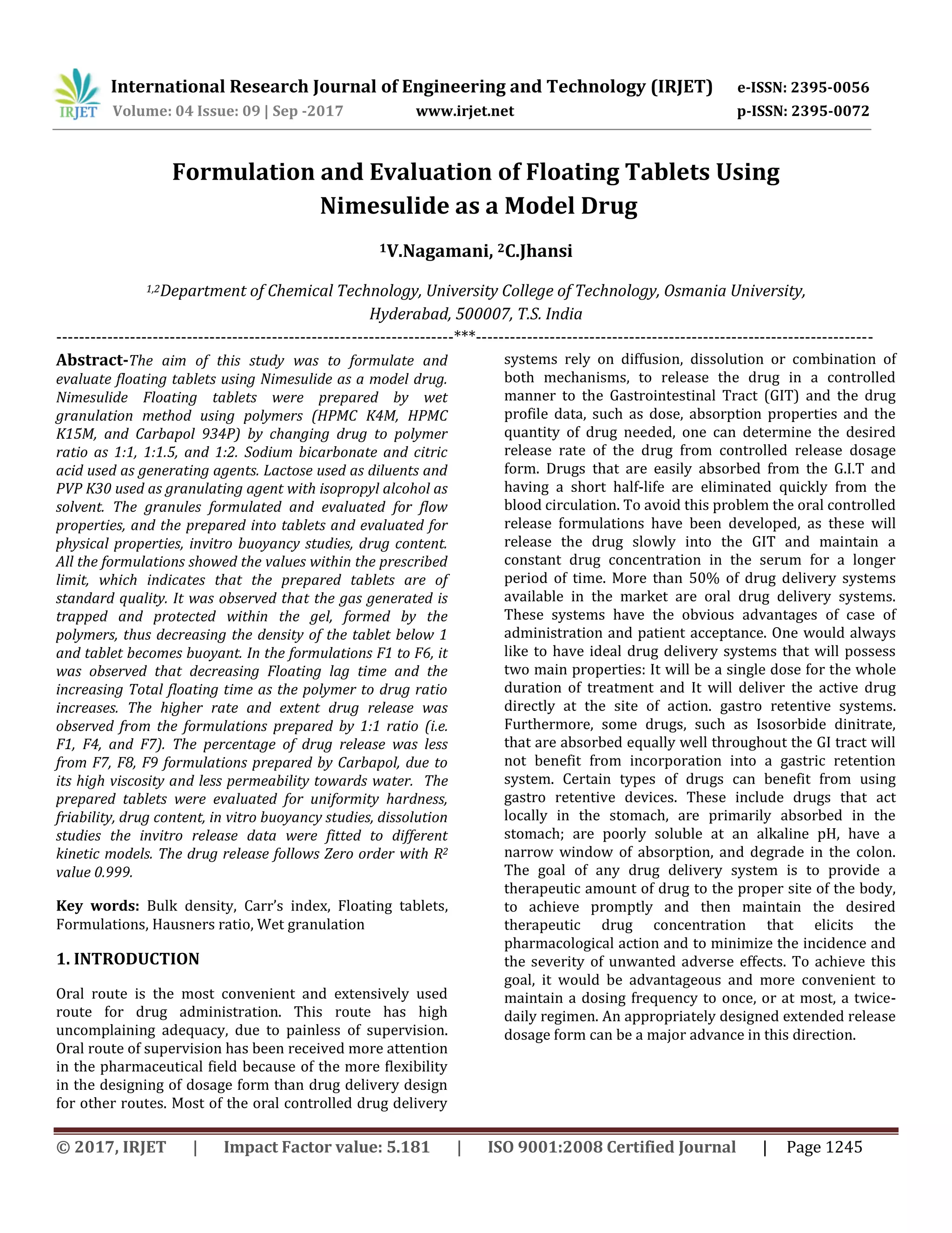 Formulation And Evaluation Of Floating Tablets Using Nimesulide As A Model Drug Pdf