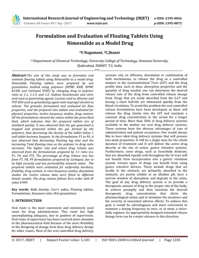 Formulation and Evaluation of Floating Tablets using Nimesulide as a Model Drug | PDF