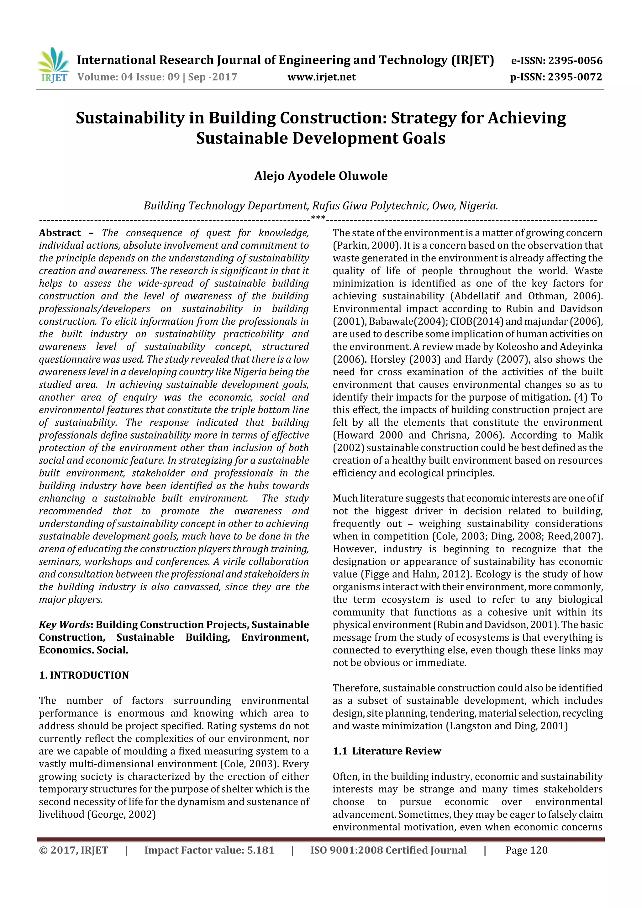 Sustainability in Building Construction: Strategy for Achieving ...