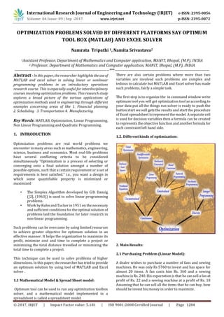 Optimization Problems Solved by Different Platforms Say Optimum Tool Box (Matlab) and Excel ...
