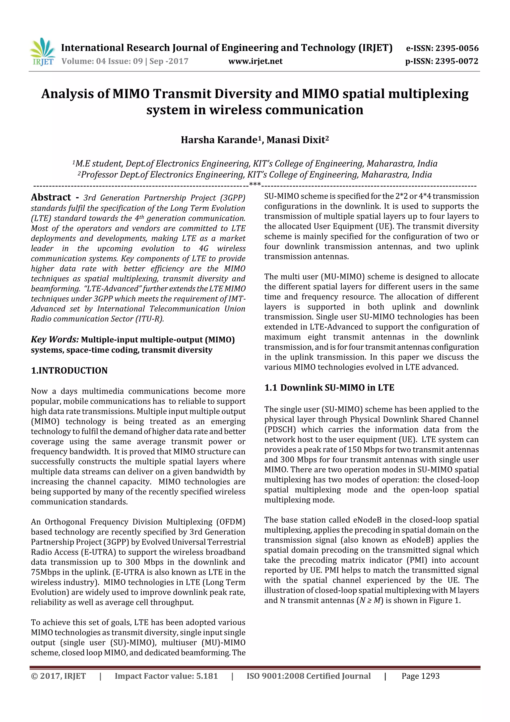 Analysis Of Mimo Transmit Diversity And Mimo Spatial Multiplexing