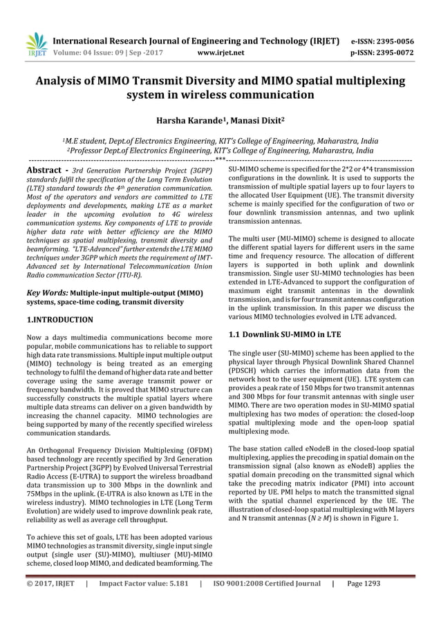 Analysis of MIMO Transmit Diversity and MIMO Spatial Multiplexing System in Wireless ...