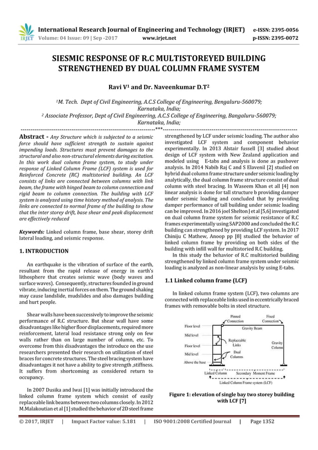 Seismic Response of R.C Multi-storeyed Building Strengthened by Dual Column Frame System | PDF ...