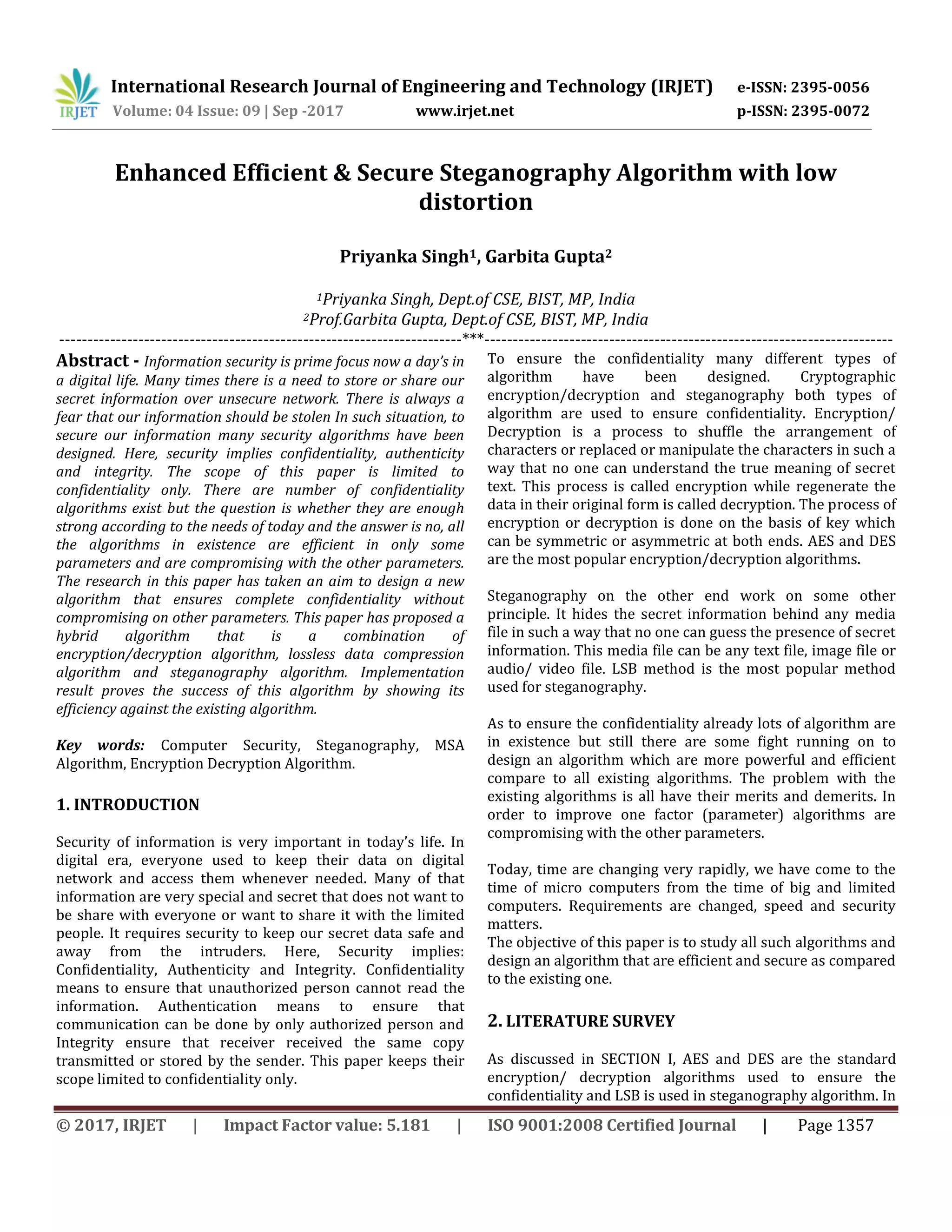 Enhanced Efficient And Secure Steganography Algorithm With Low Distortion Pdf
