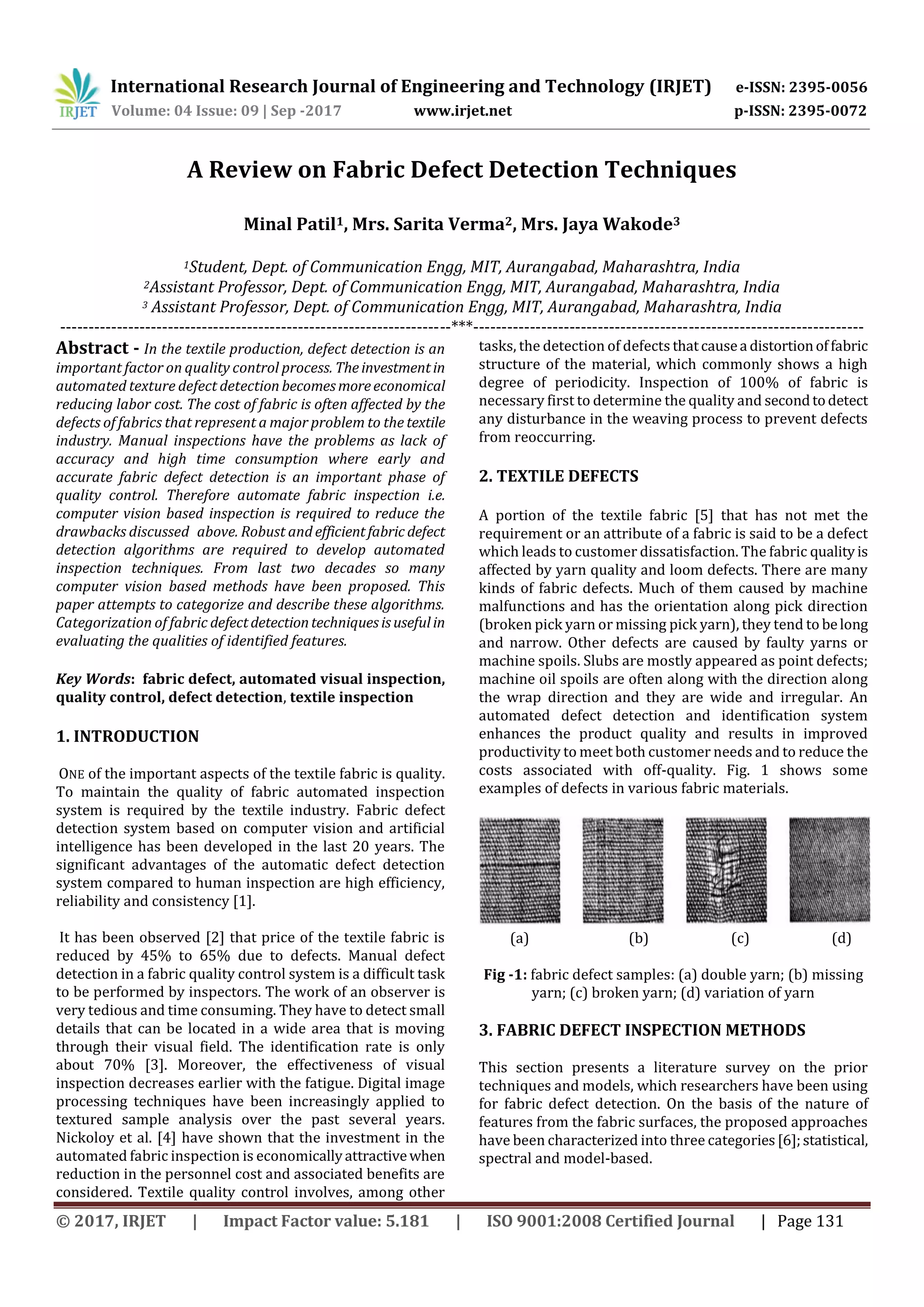A Review on Fabric Defect Detection Techniques | PDF | Needlework | Arts and Crafts