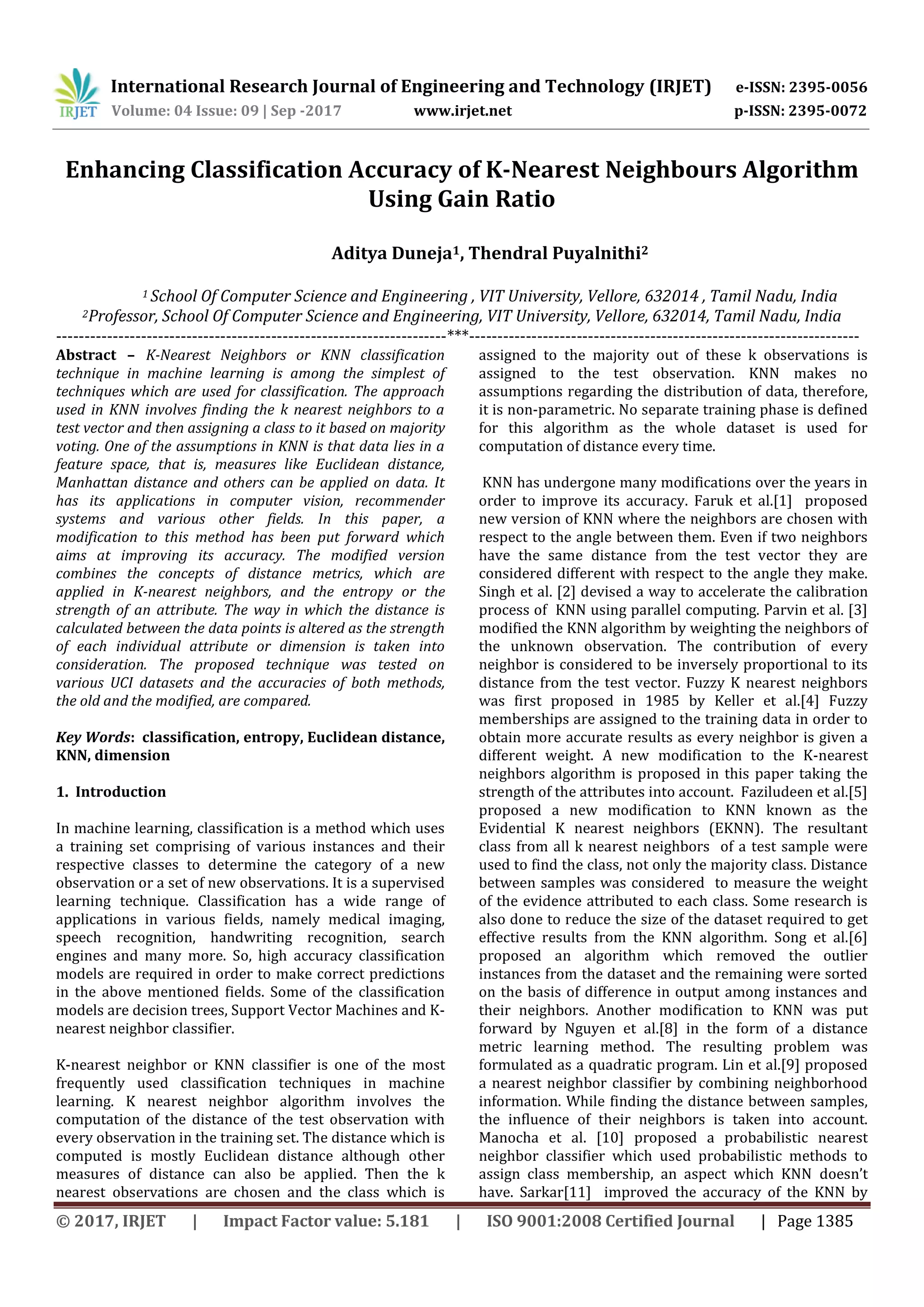 Enhancing Classification Accuracy Of K Nearest Neighbors Algorithm Using Gain Ratio Pdf