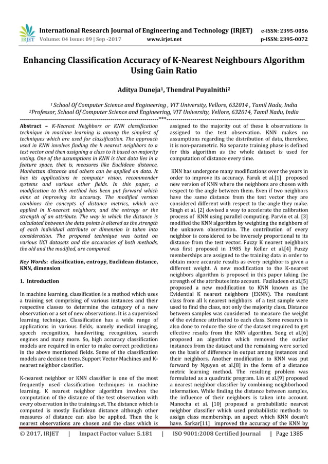 Enhancing Classification Accuracy of K-Nearest Neighbors Algorithm using Gain Ratio | PDF ...