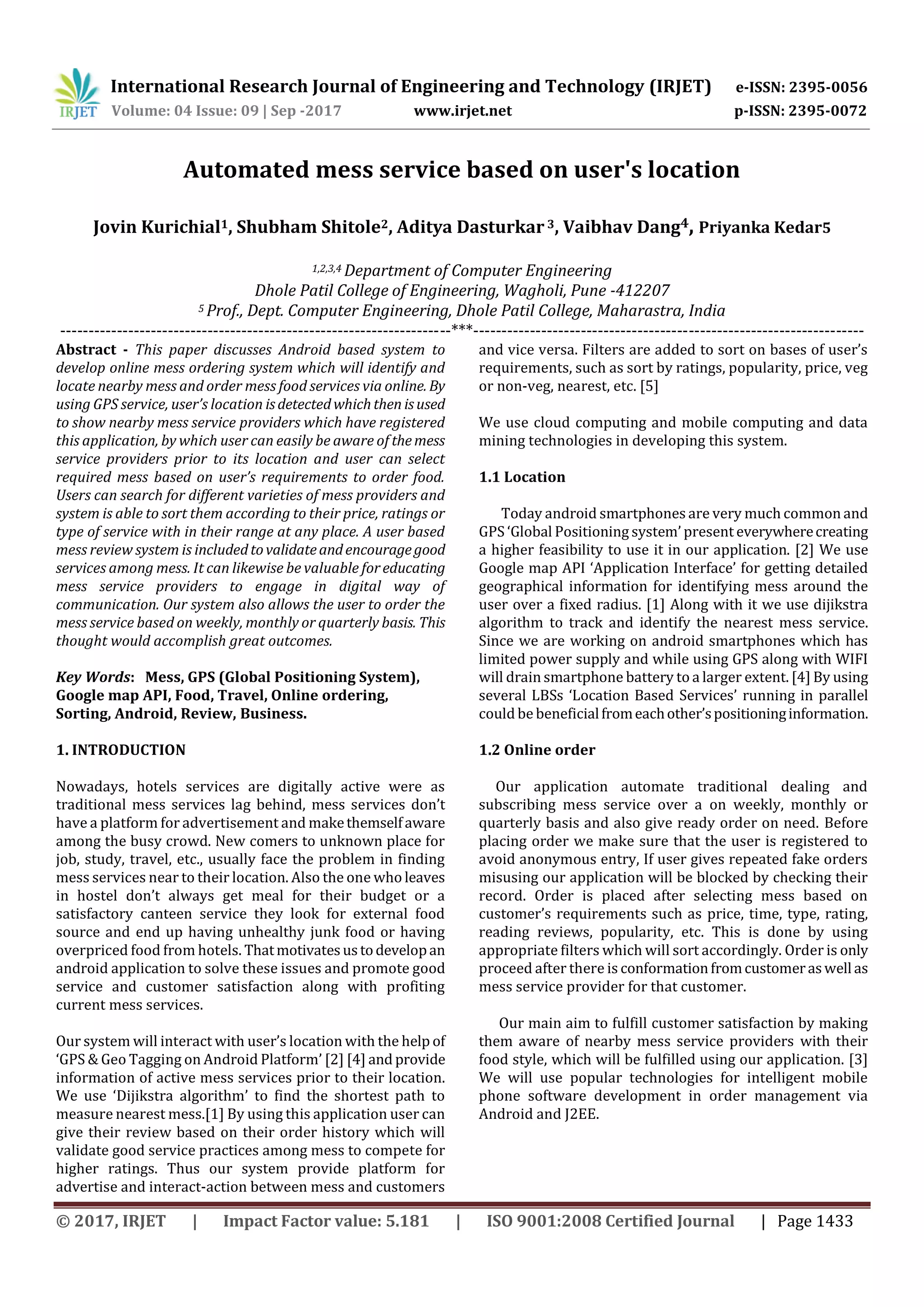 Automated Mess Service Based on User's Location | PDF