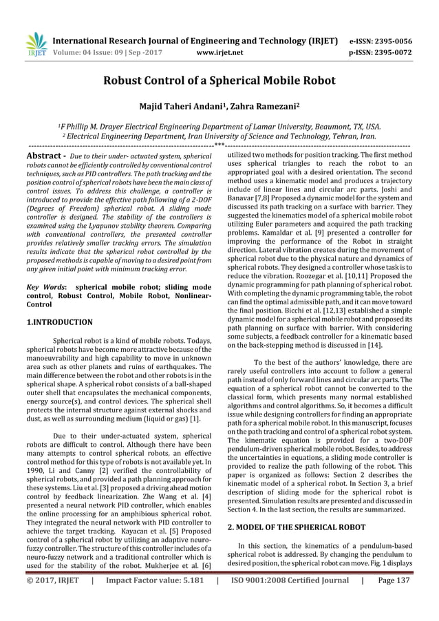 Robust Control of a Spherical Mobile Robot | PDF Robust Control of a Spherical Mobile Robot | PDF