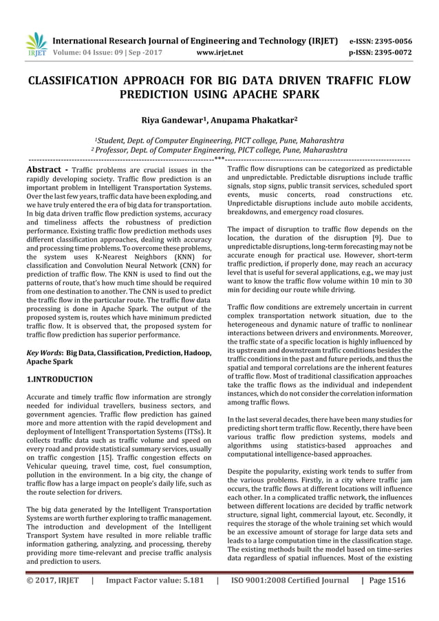 Classification Approach For Big Data Driven Traffic Flow Prediction Using Apache Spark Pdf 