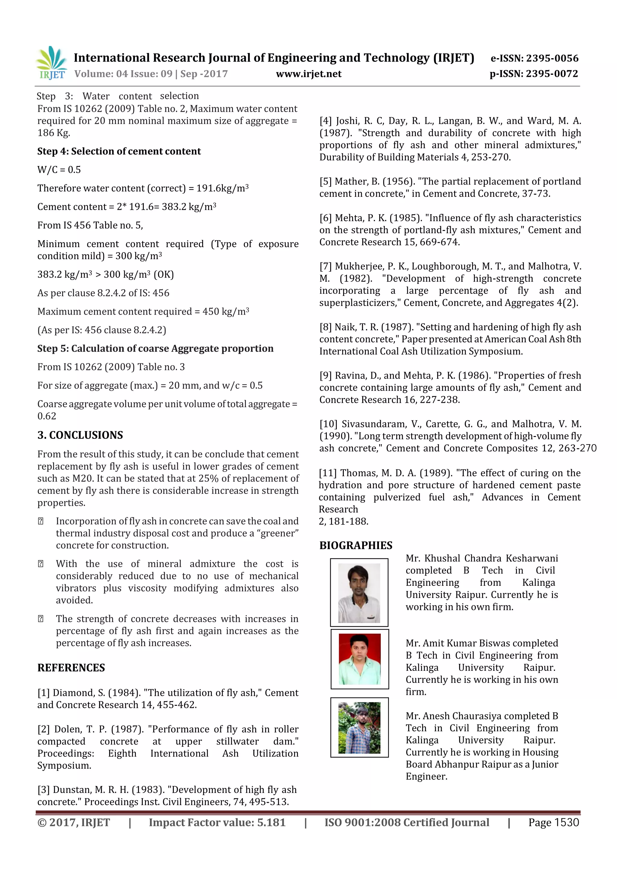 Experimental Study on Use of Fly Ash in Concrete | PDF