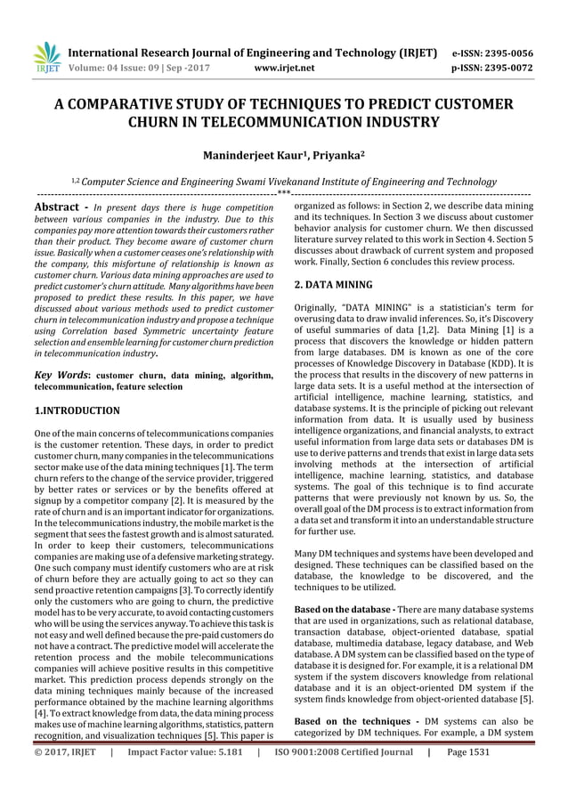 A Comparative Study of Techniques to Predict Customer Churn in Telecommunication Industry | PDF