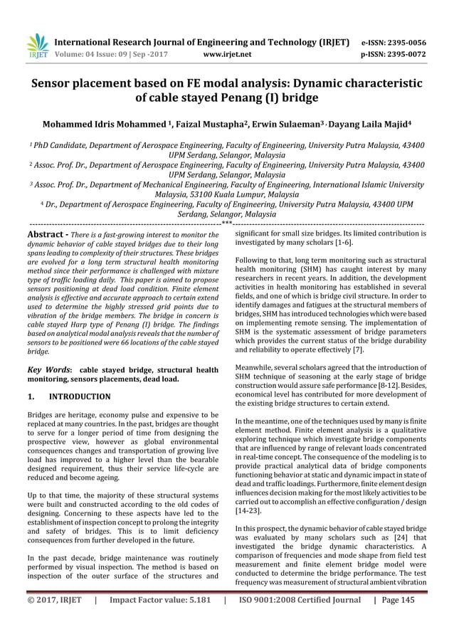 Sensor Placement based on FE Modal Analysis: Dynamic Characteristic of Cable Stayed Penang (I ...