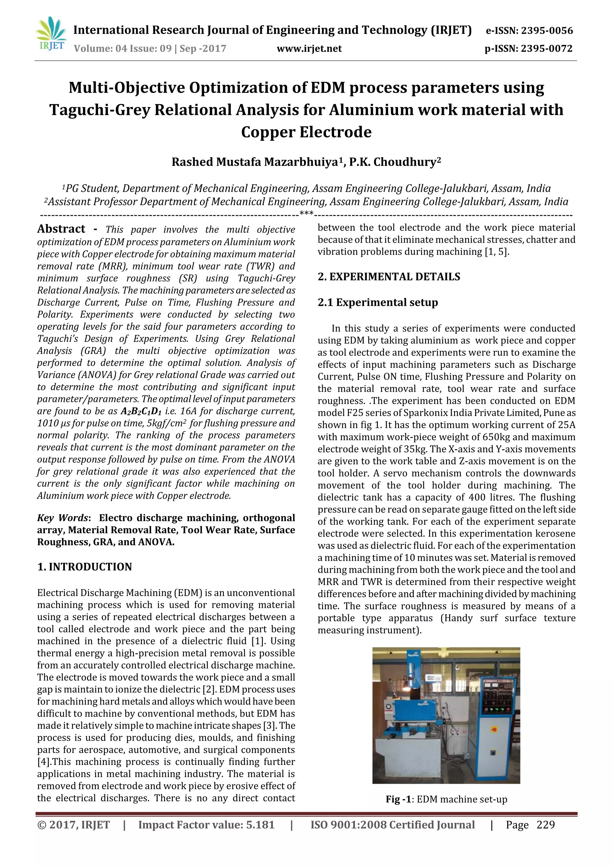 Multi Objective Optimization Of Edm Process Parameters Using Taguchi Grey Relational Analysis 