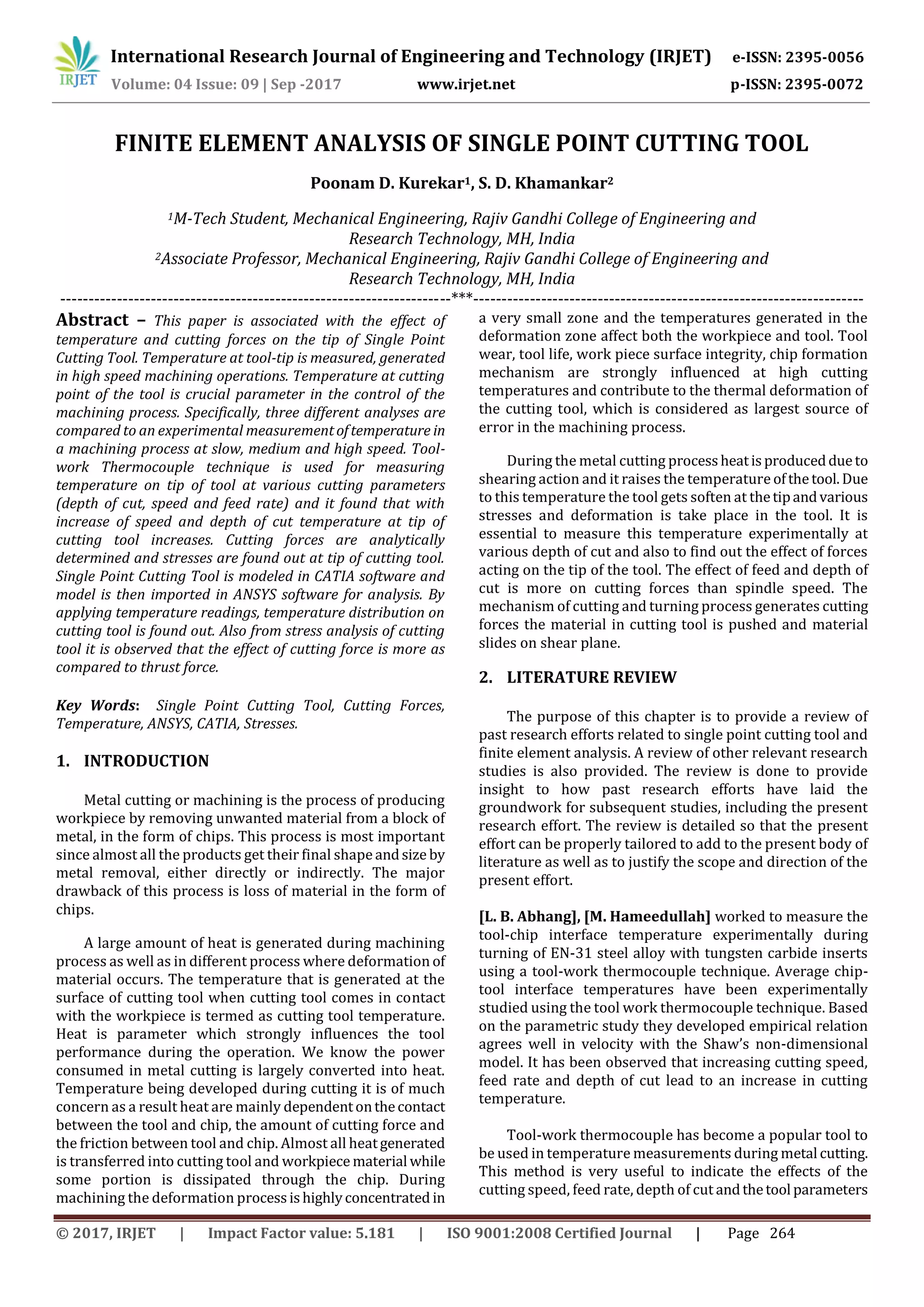 Finite Element Analysis of Single Point Cutting Tool | PDF
