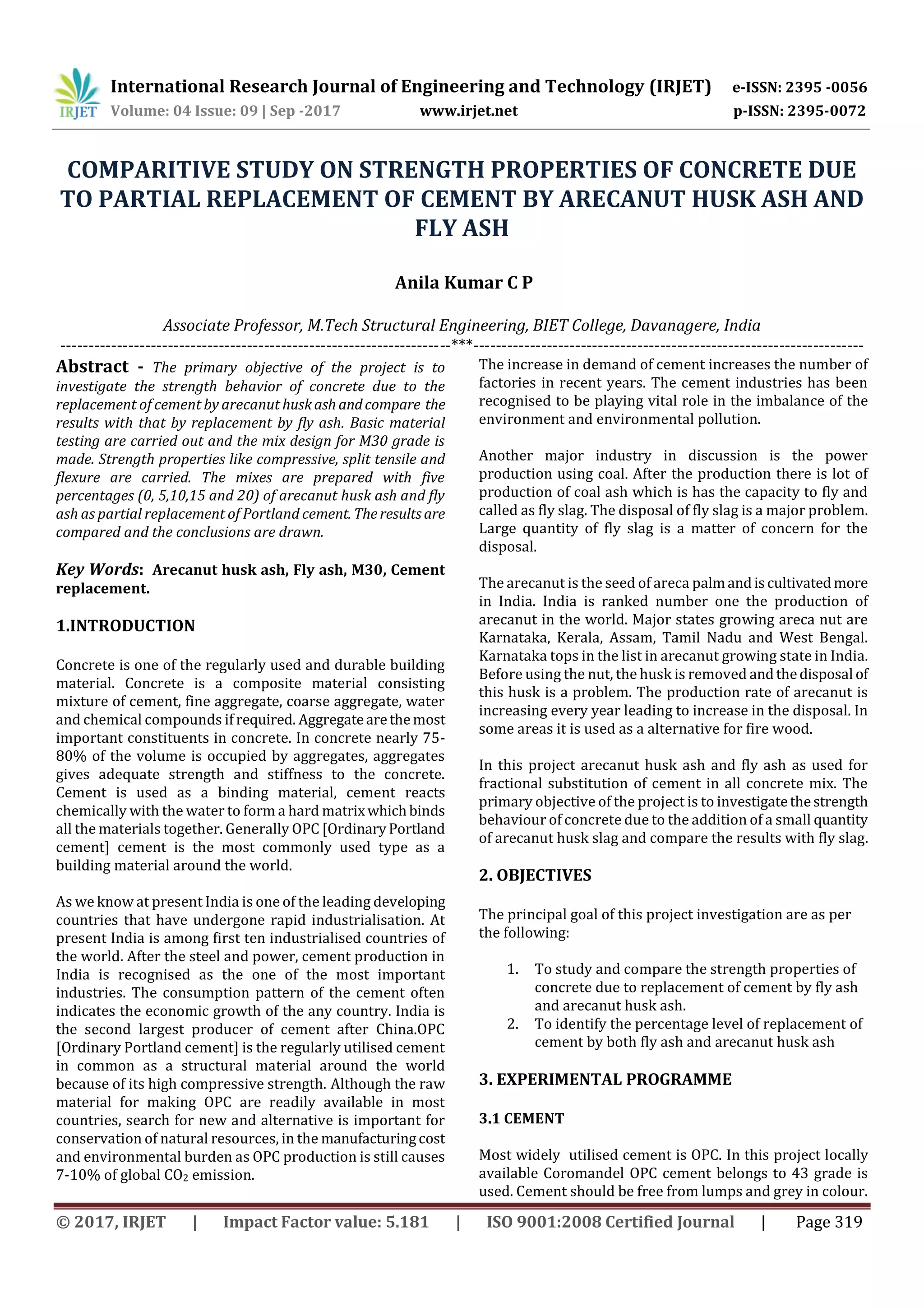 Comparative Study on Strength Properties of Concrete due to Partial Replacement of Cement by ...