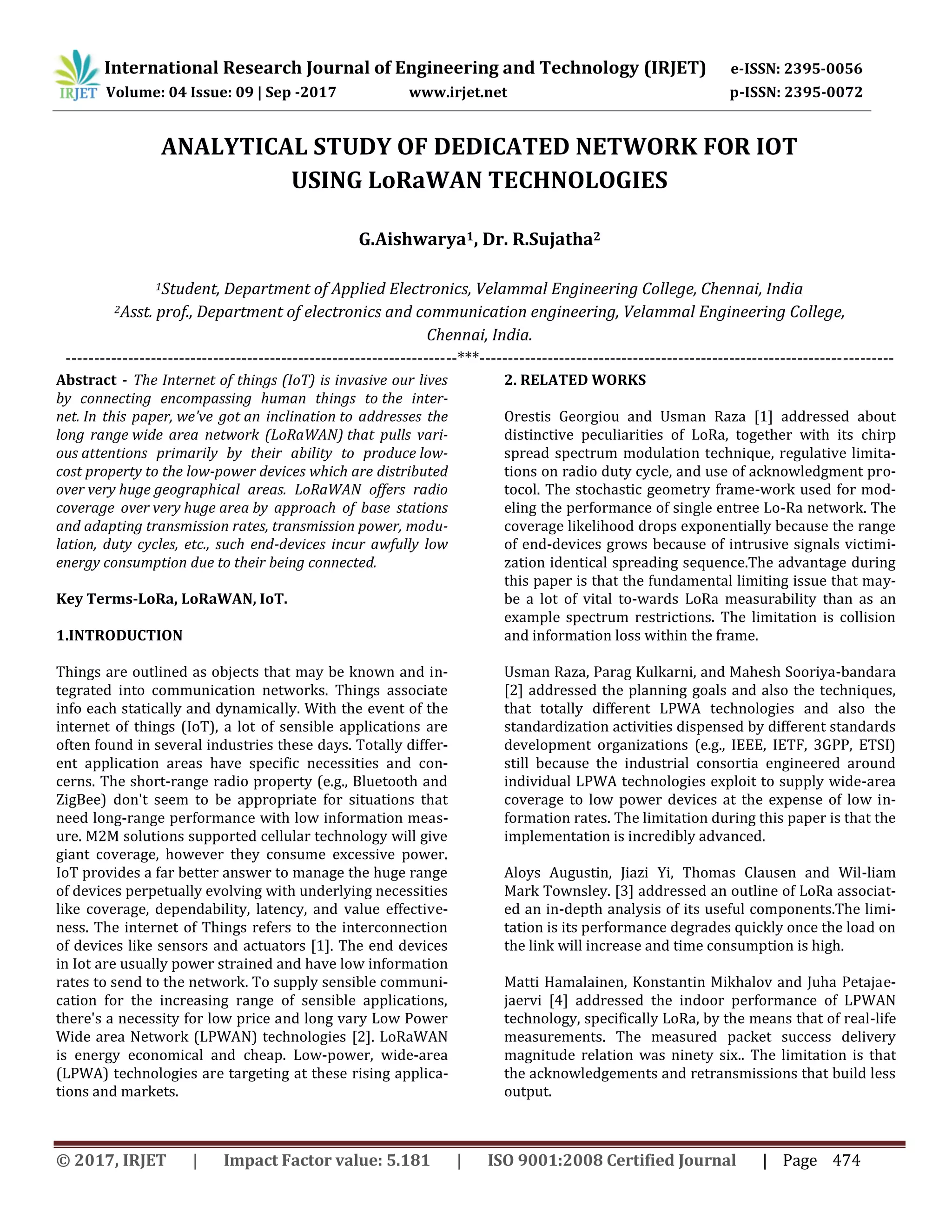 Analytical Study of Dedicated Network for IOT using LoRaWAN Technologies | PDF