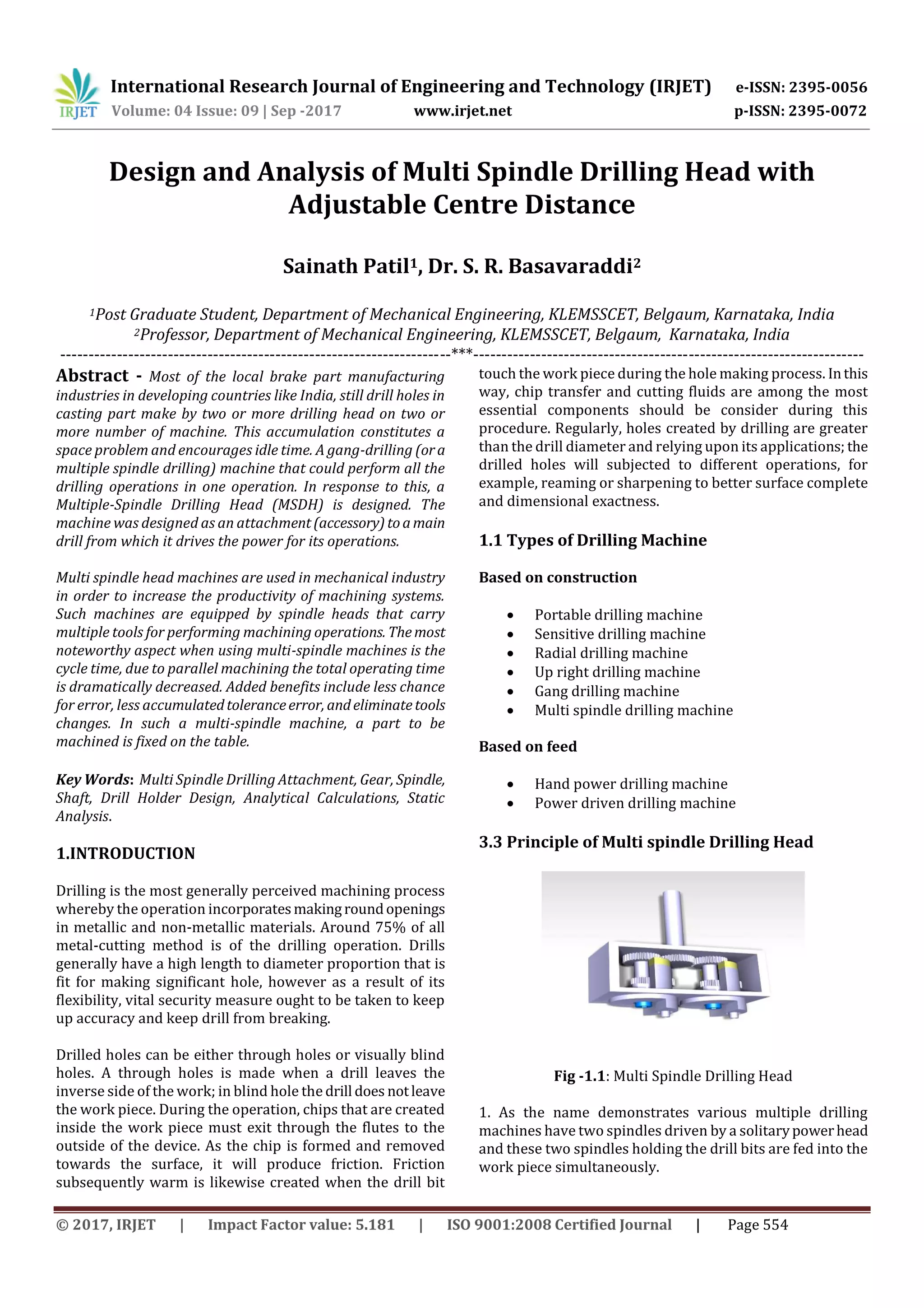 Design and Analysis of Multi Spindle Drilling Head with Adjustable ...