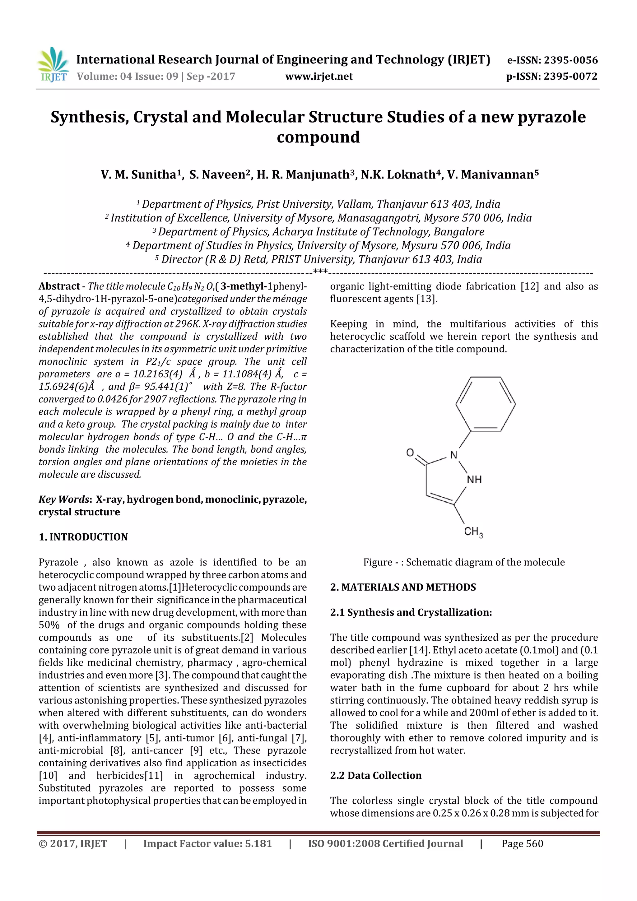 Synthesis, Crystal and Molecular Structure Studies of a new Pyrazole compound | PDF