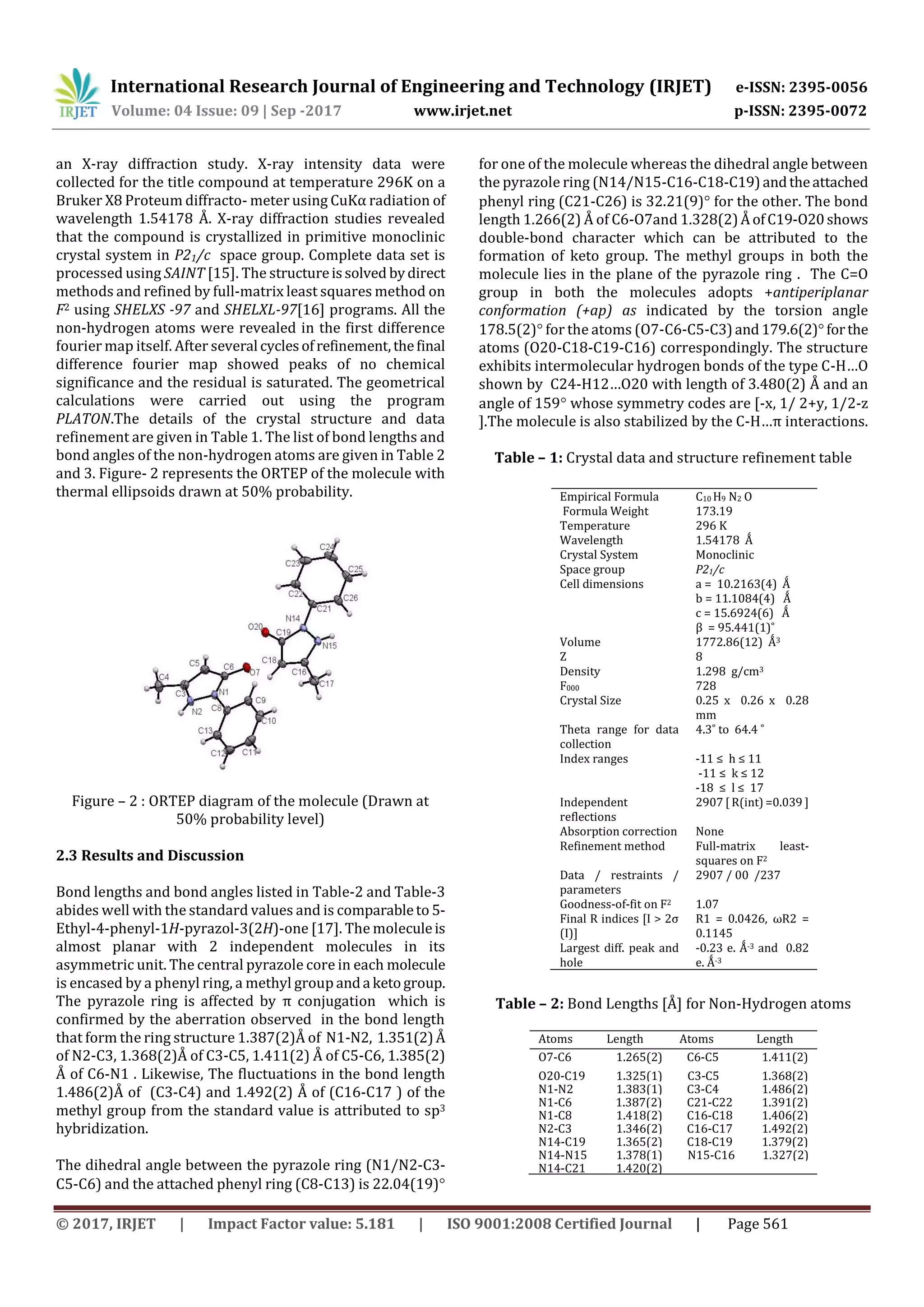 Synthesis, Crystal and Molecular Structure Studies of a new Pyrazole ...