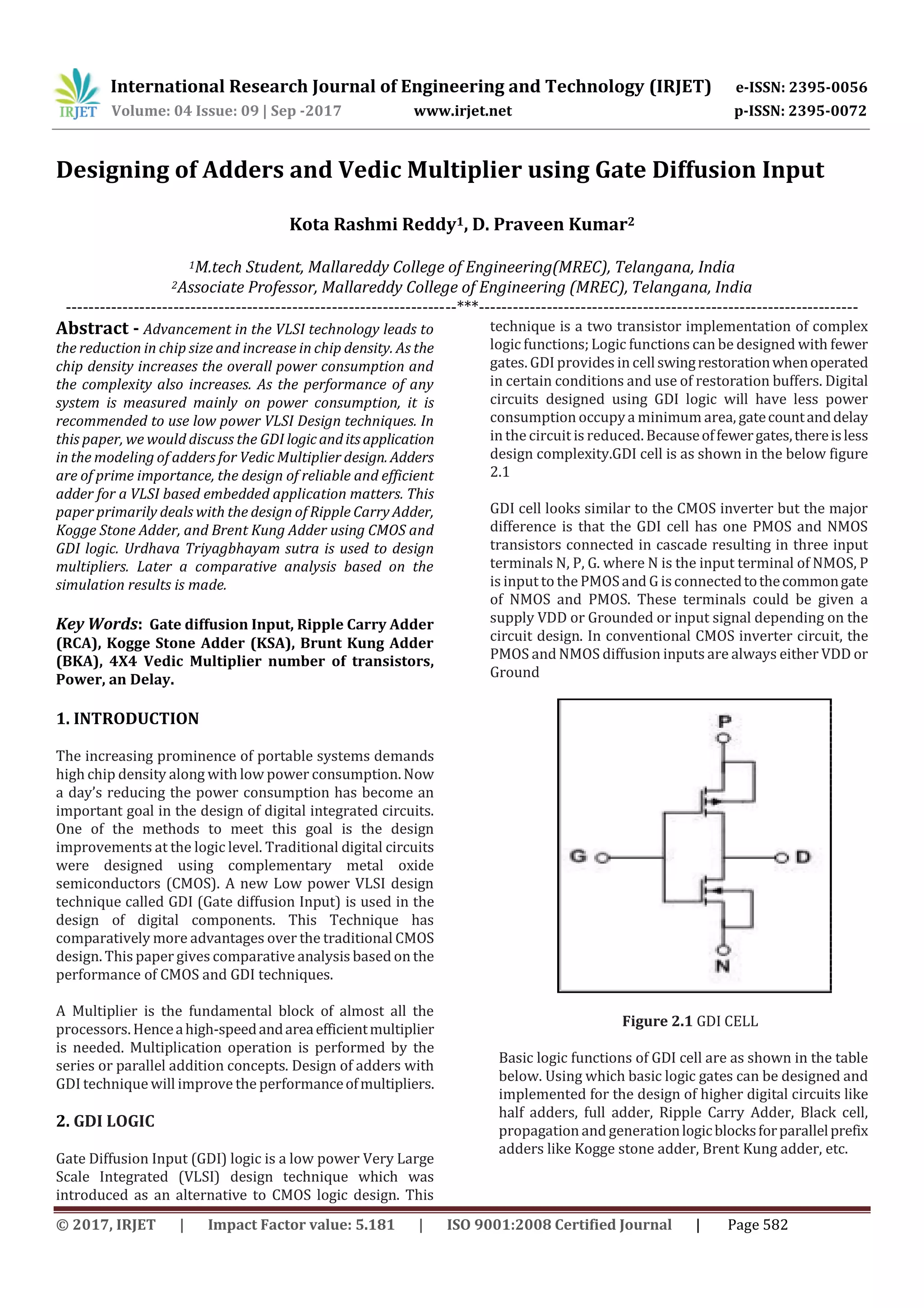 Designing of Adders and Vedic Multiplier using Gate Diffusion Input | PDF